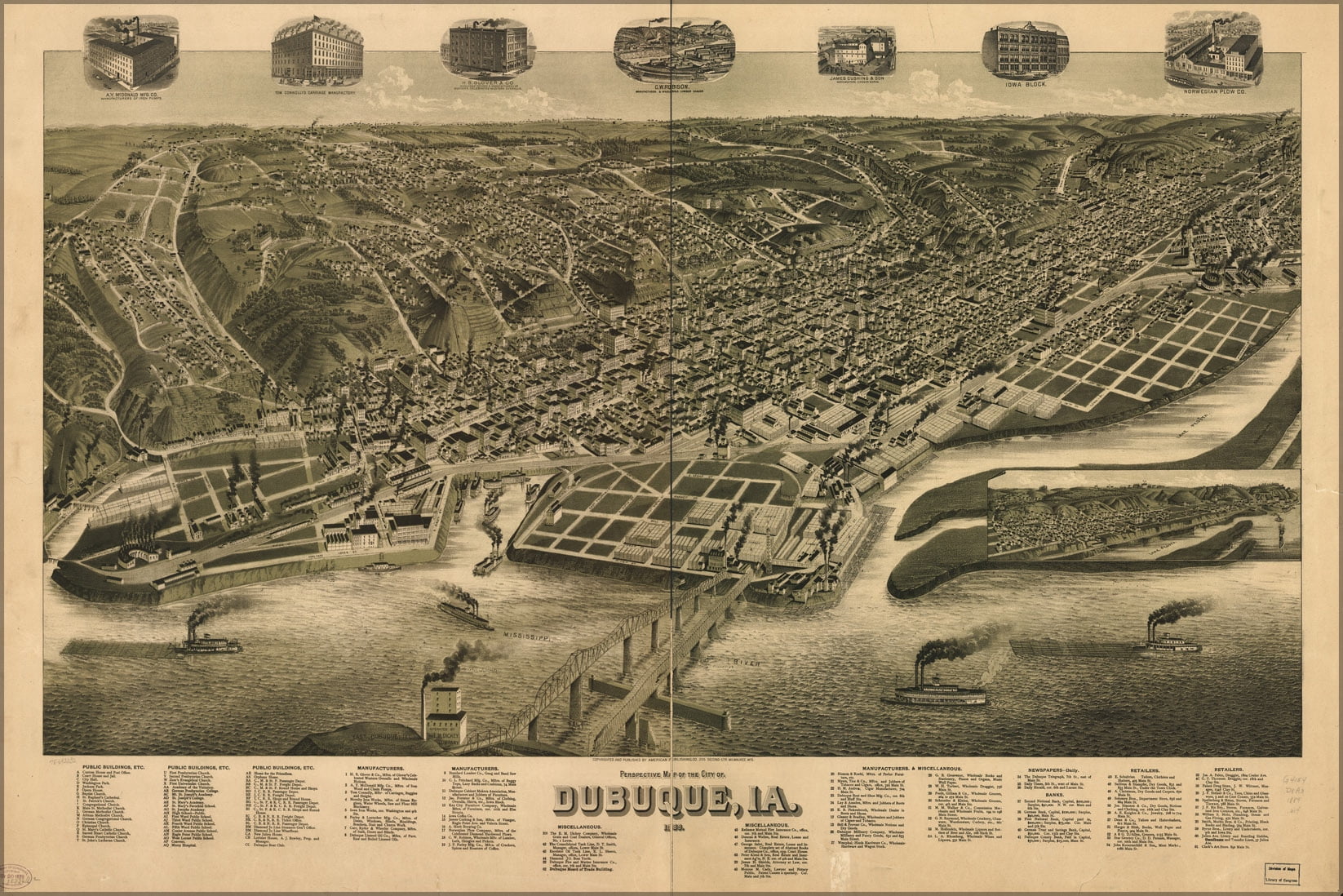 24"x36" Gallery Poster, Perspective map of Dubuque, Iowa 1889 - Walmart.com
