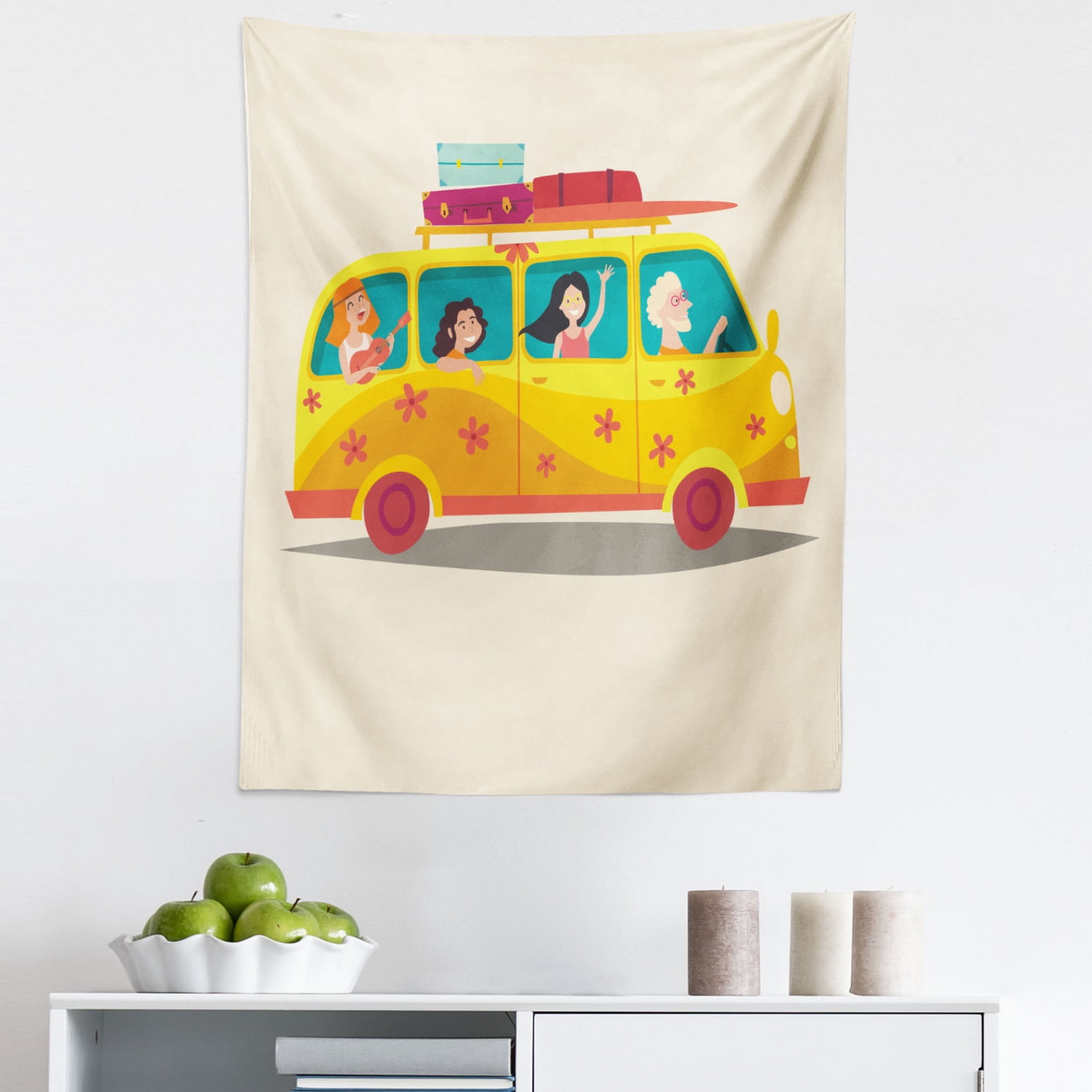 Camper Tapestry, Vintage Hippies in a Minivan with Luggage and ...