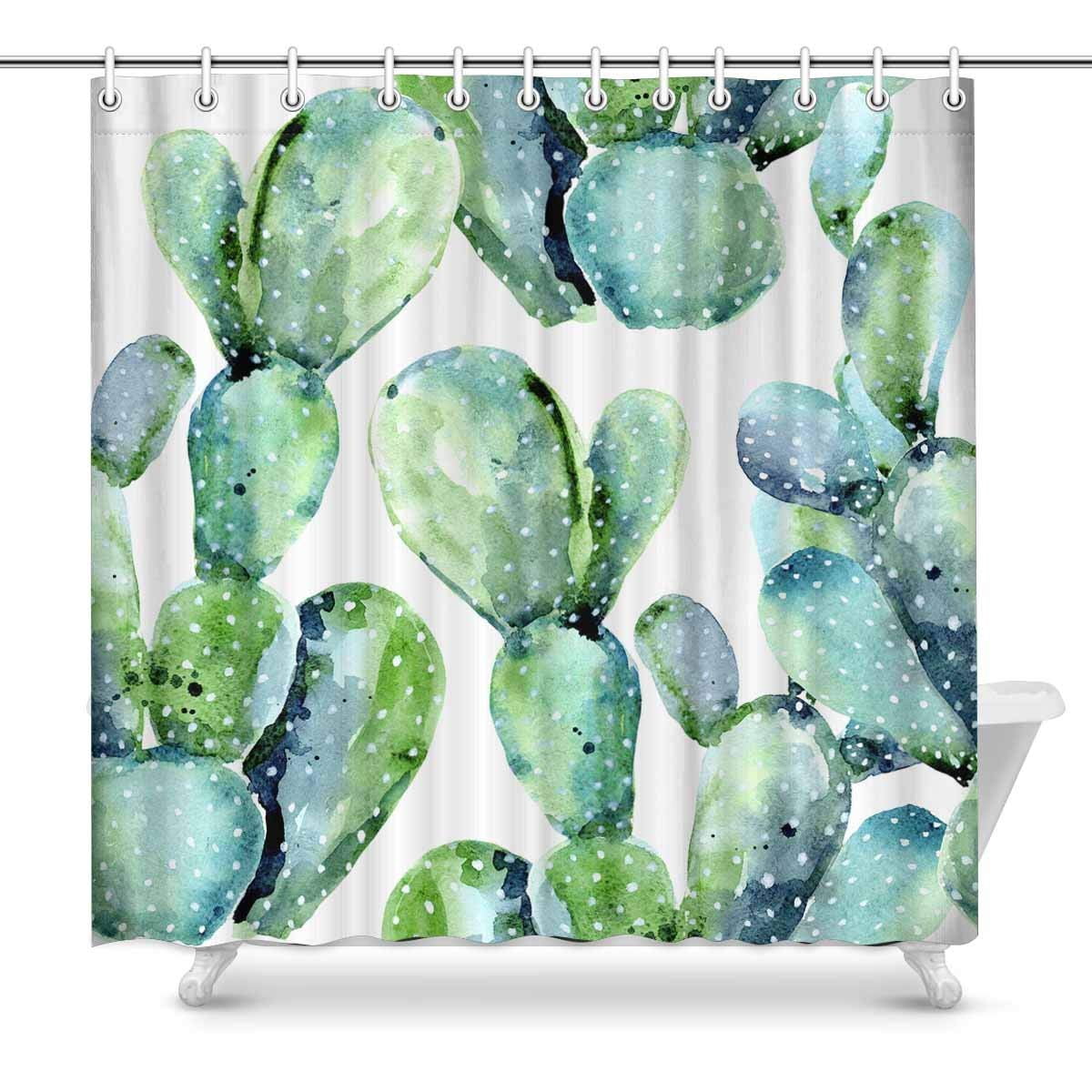 Artjia Watercolor Cactus Shower Curtain Seamless Floral Pattern