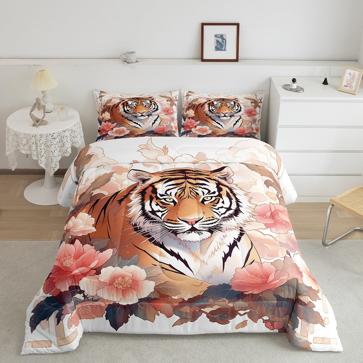 YST Tiger Floral Comforter Rose Flower Tiger Kids Bedding for Girls Bed ...