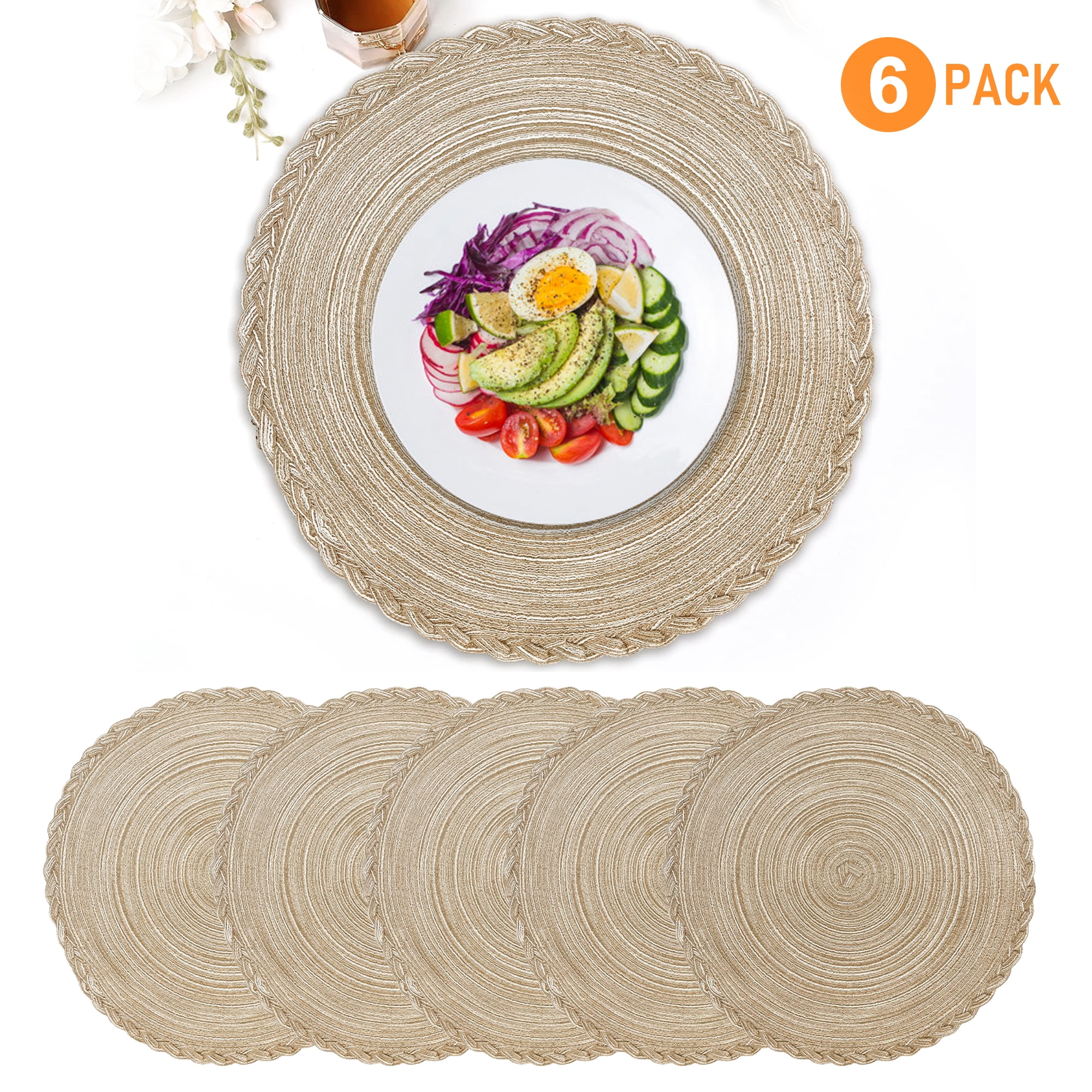 ONEFIND Round Placemats Set of 6, Beige Woven Table Mats, 15 inch Heat ...