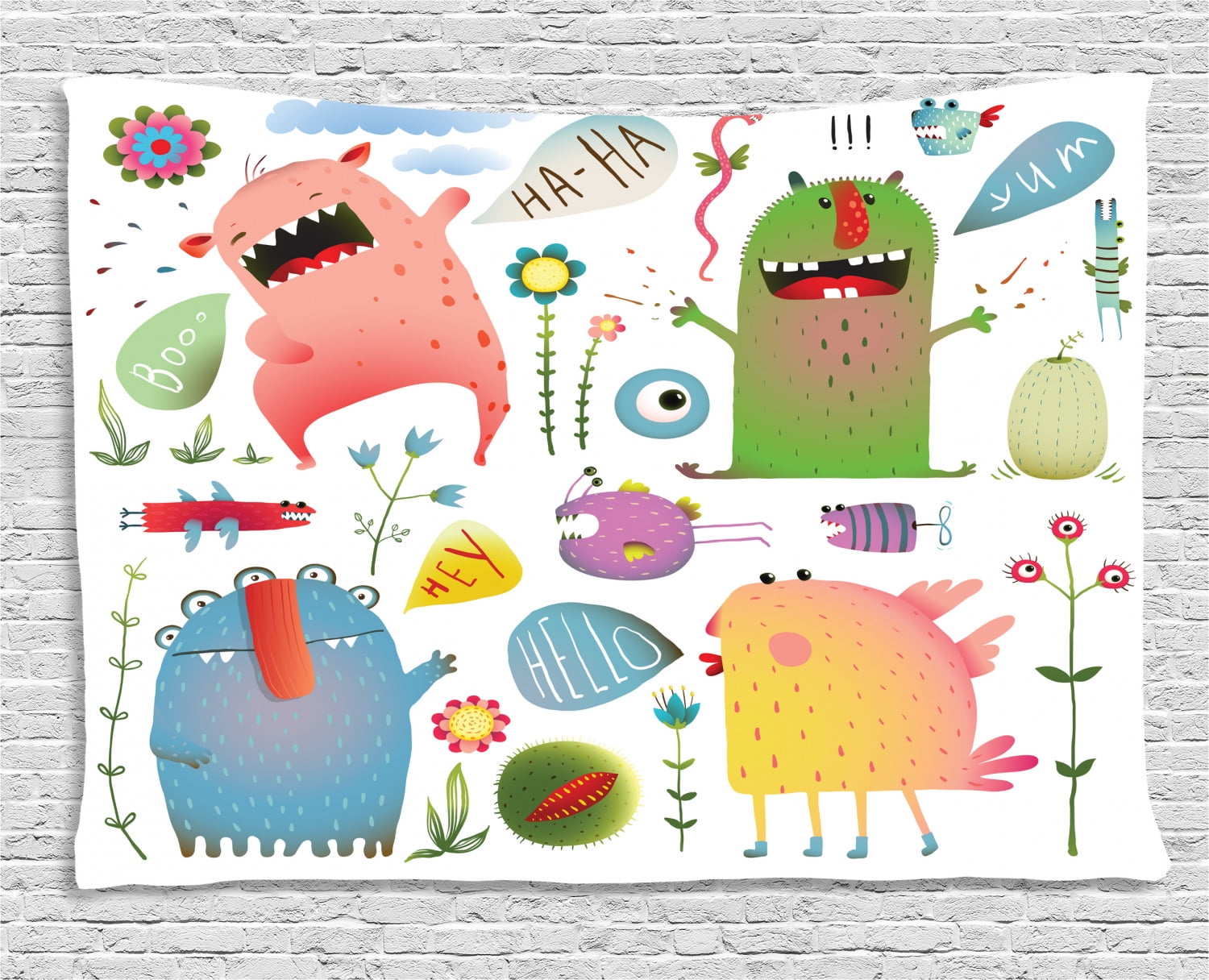 Monster Tapestry, Cute Alien Creatures Laughing Design with Flowers ...