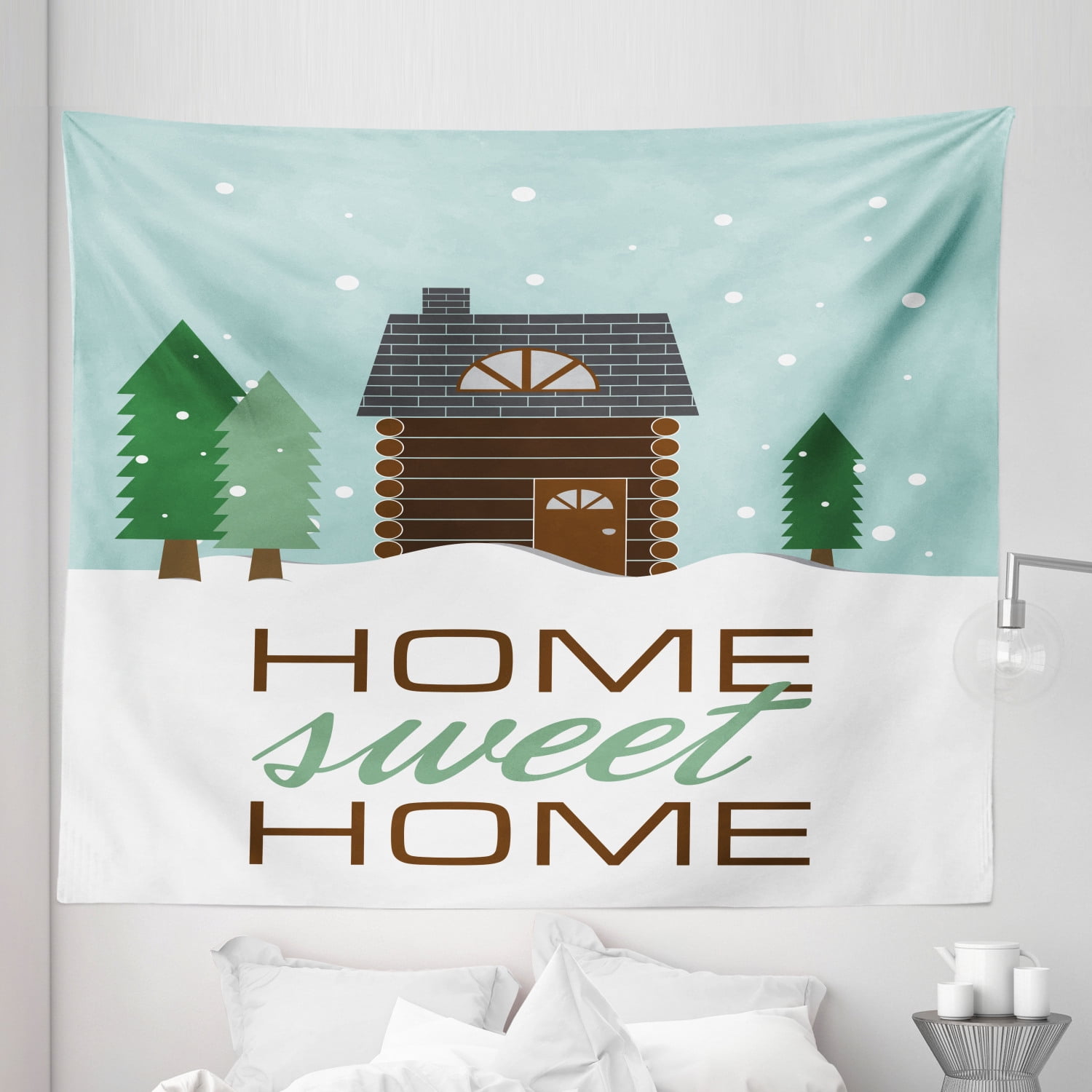 Log Cabin Tapestry, Text Illustration of a Rustic Lodge Ornamented with ...