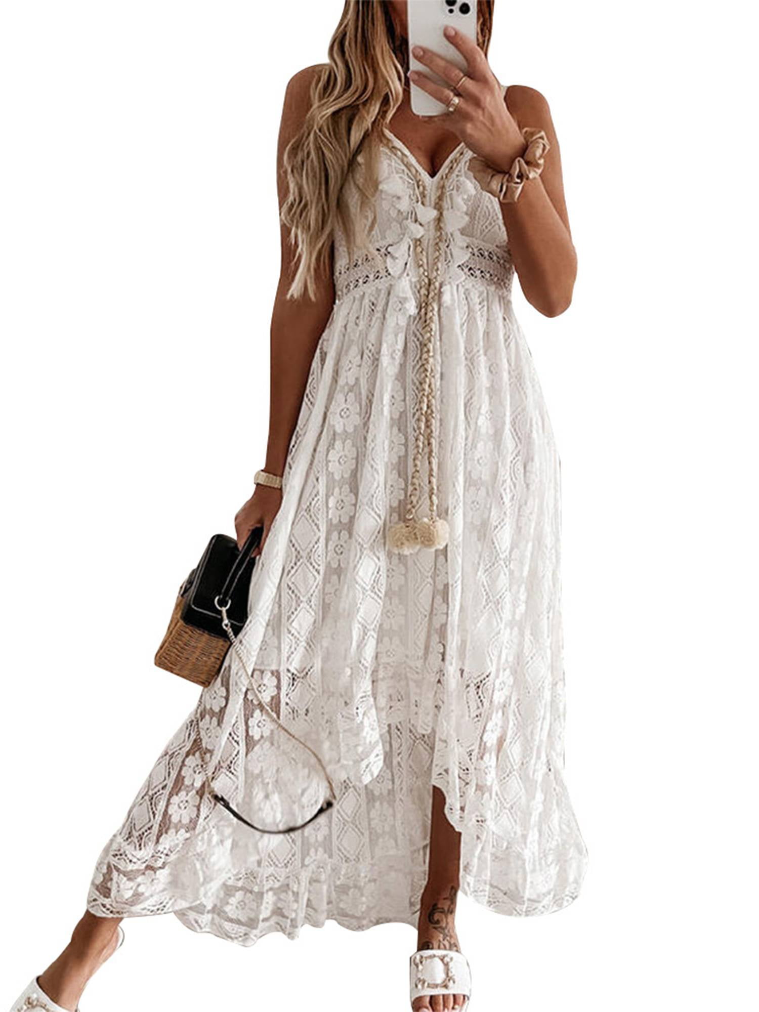 Dymade Womens Bohemian Dress Lace Deep V Neck Summer Beach Flowy Long