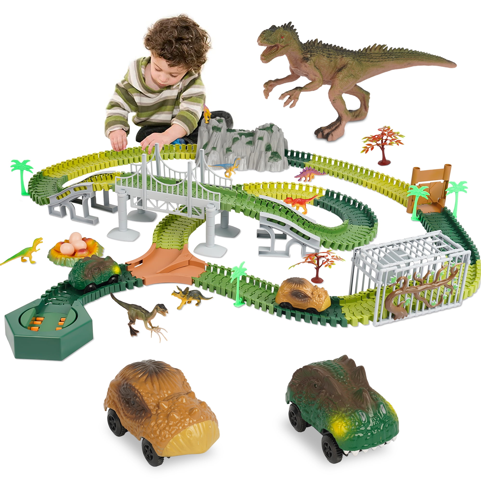 iYofe Dinosaur Race Car Track Toys, Dinosaur Toys Track Train Set with ...