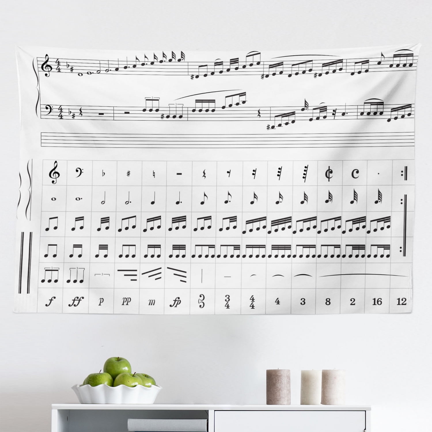 Music Note Tapestry, Vintage Doodle Style Floating Around Swirls and ...