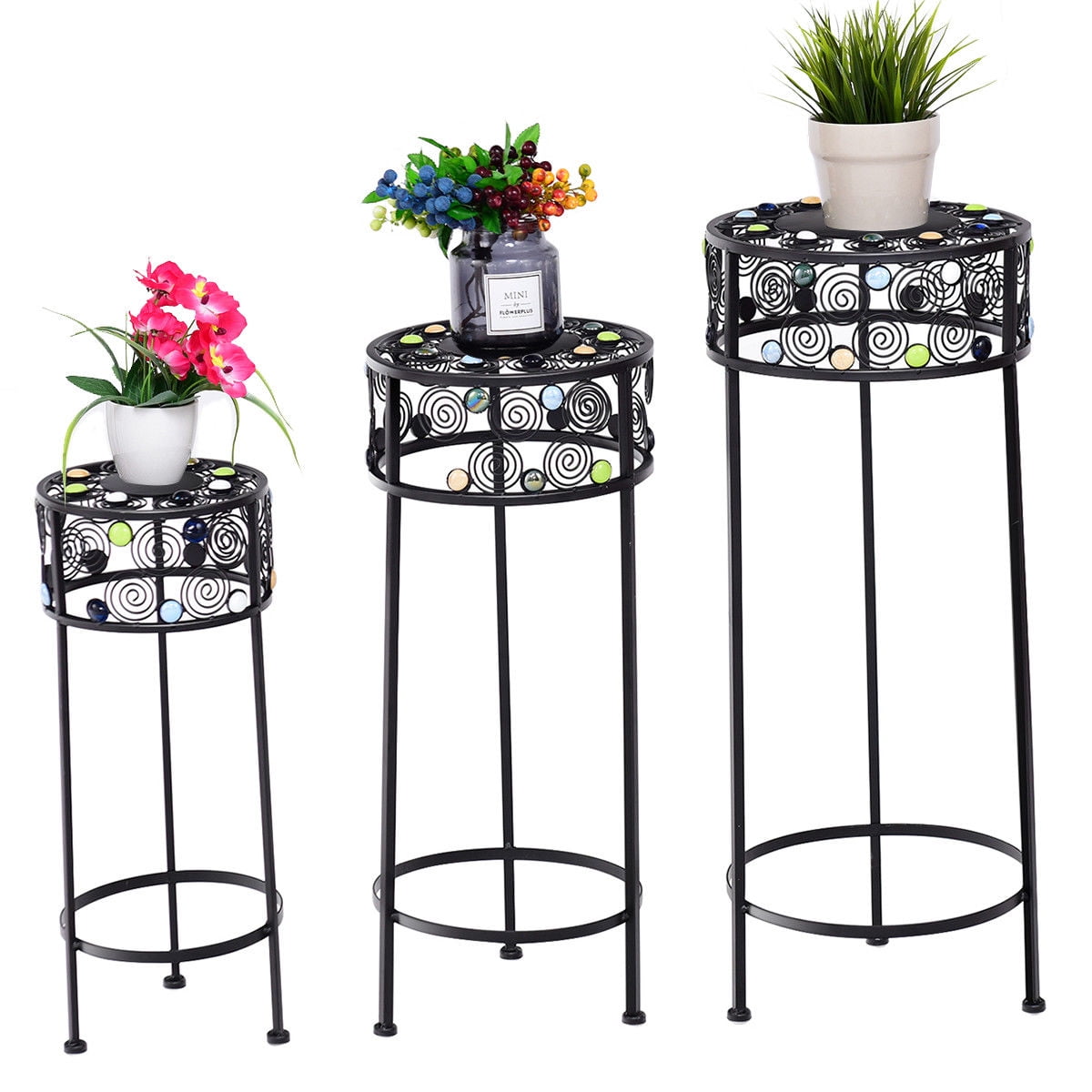Gymax 3 Piece Metal Flower Pot Rack Plant Display Stand Shelf Holder ...