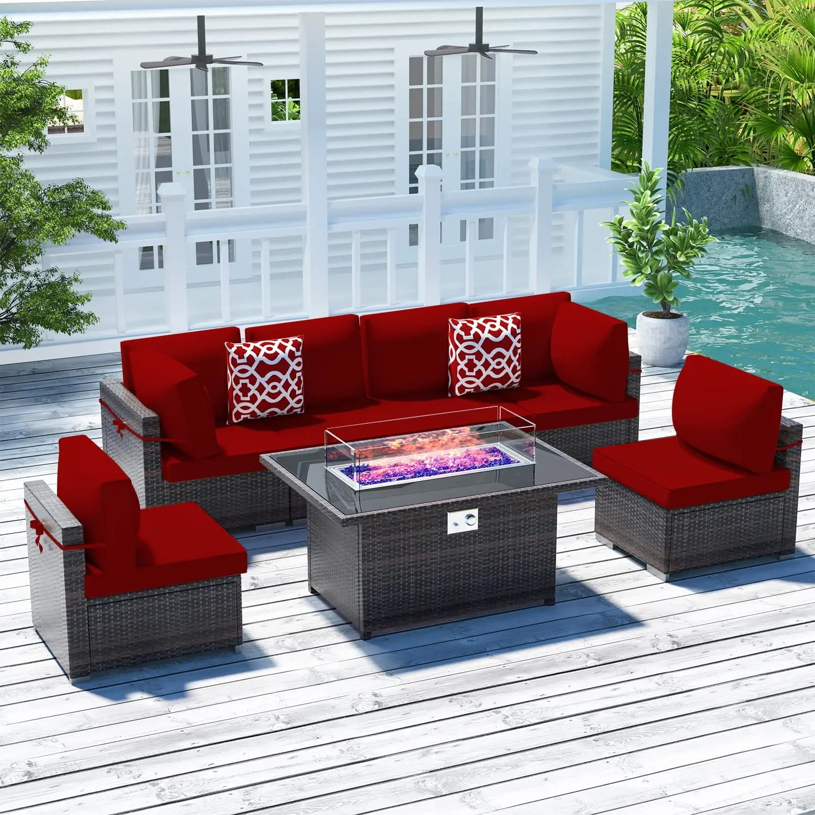 MEETWARM 7 Pieces Outdoor Patio Furniture Set with 44" Rectangular ...