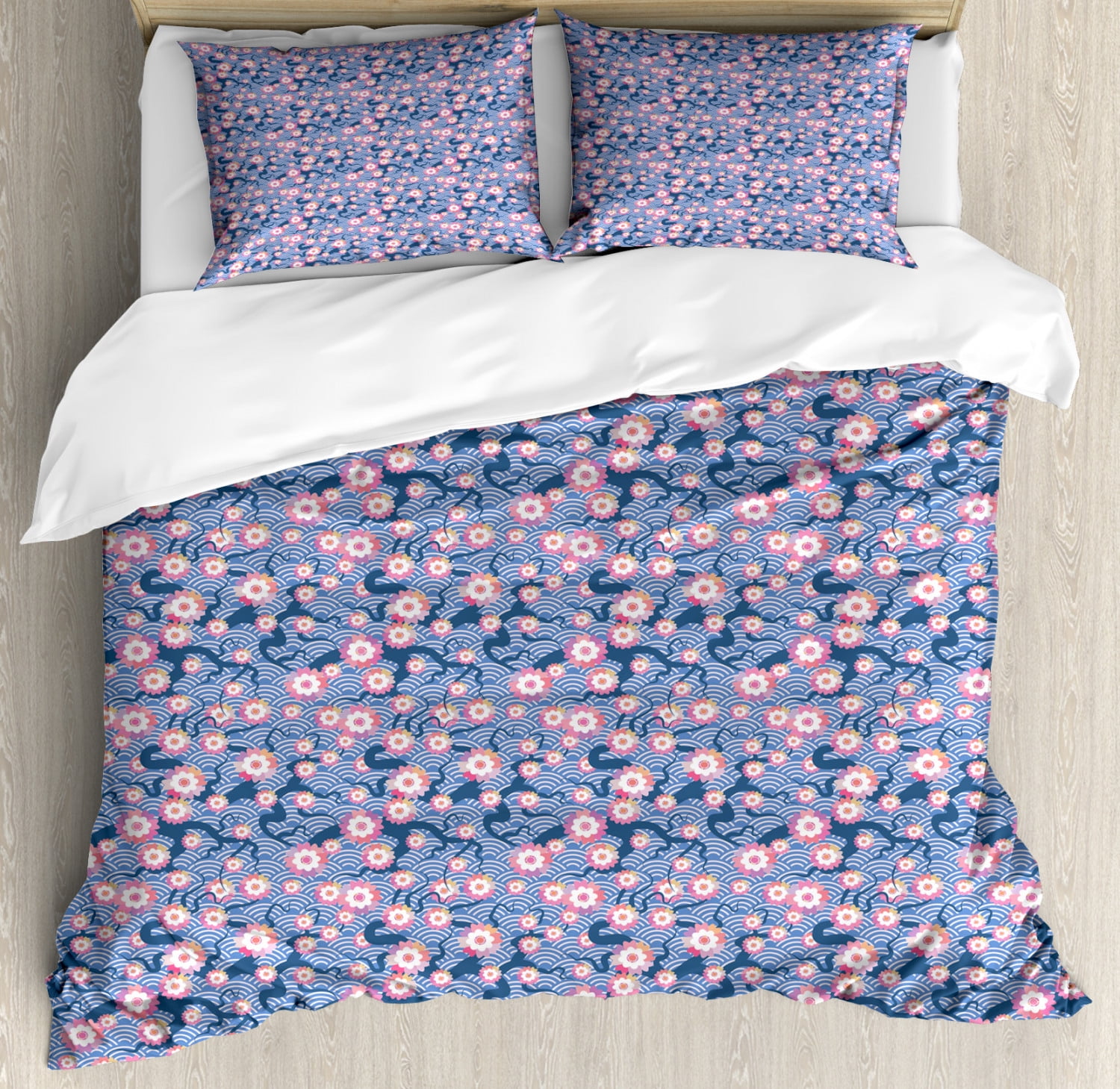 Cherry Blossom Queen Size Duvet Cover Set, Art Deco Fish Scale Pattern ...