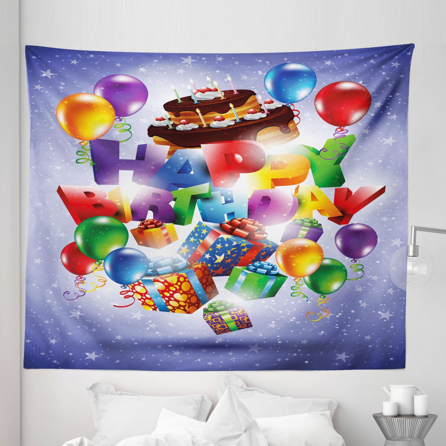 Party Tapestry, Presents Fun Balloons Curly Ribbons and Cake with ...