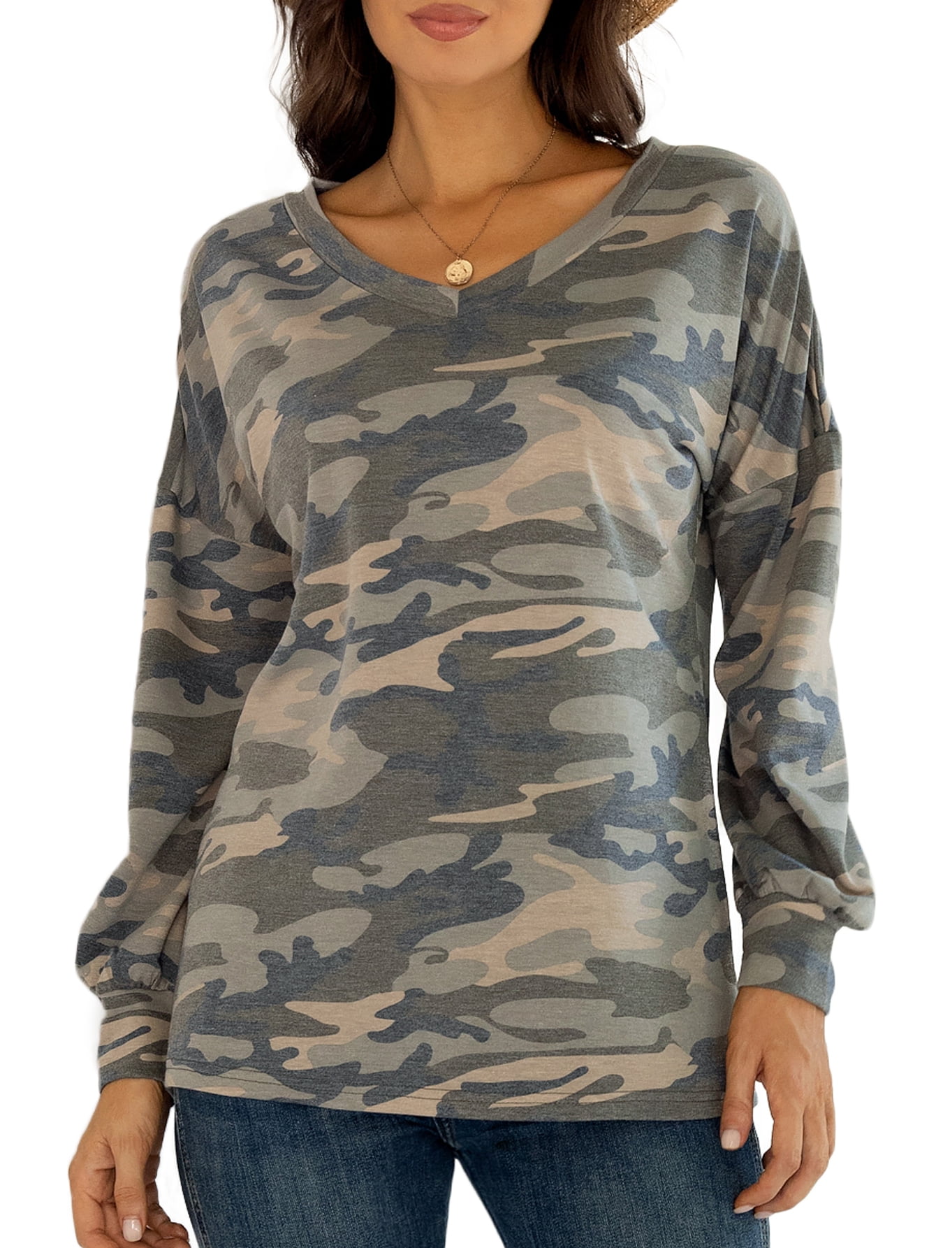 CALIPESSA Womens Fall Camo Bishop Sleeve Drop Shoulder Tunic Tops ...