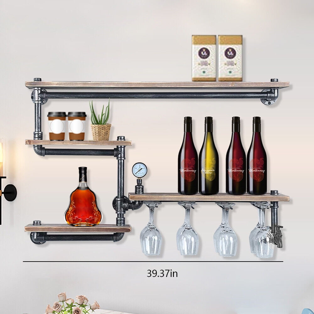 DENEST Rustic Floating Wine Rack Steampunk Pipe Shelving, Farmhouse ...
