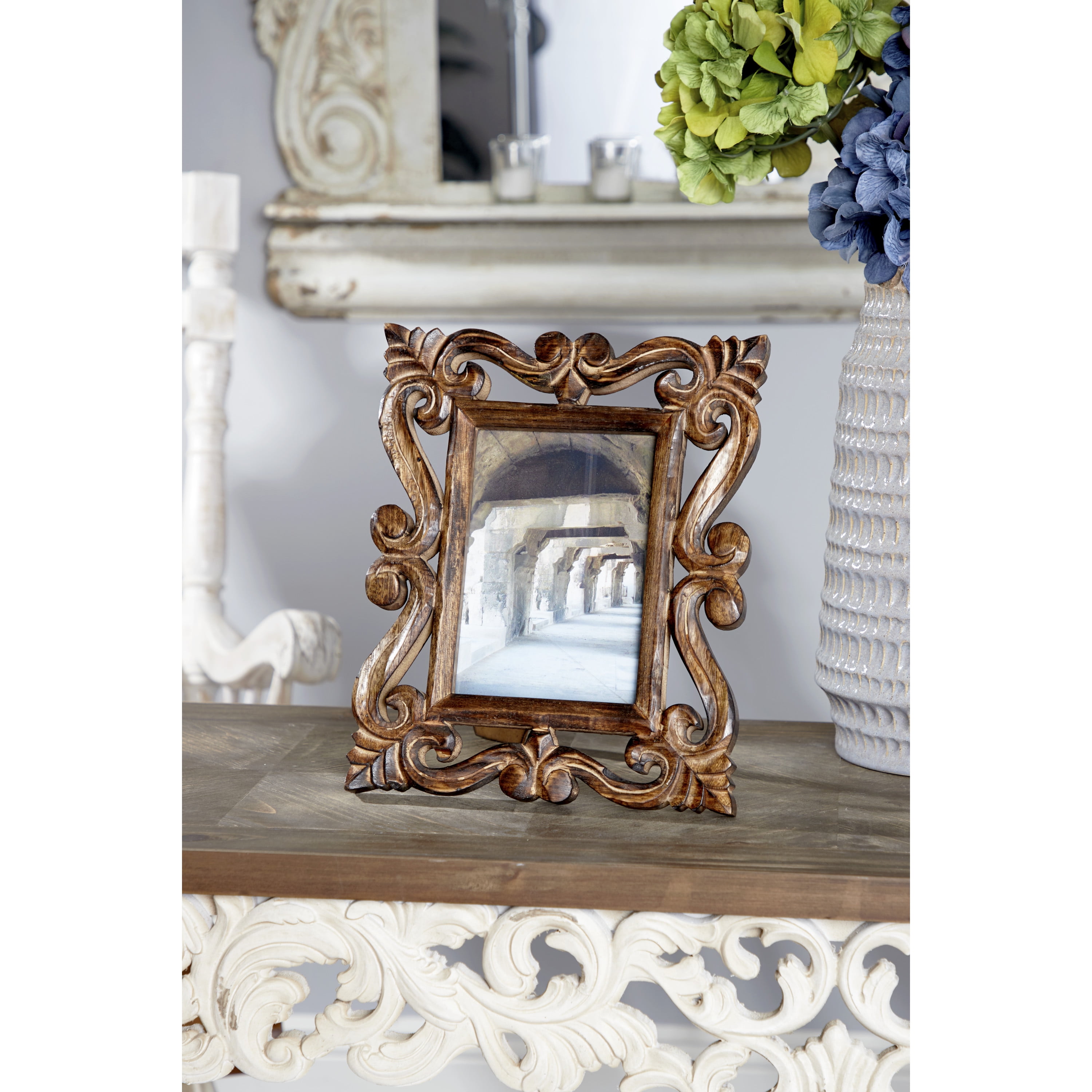 DecMode 5" x 7" Handmade Intricate Carved Brown Scroll Photo Frame ...