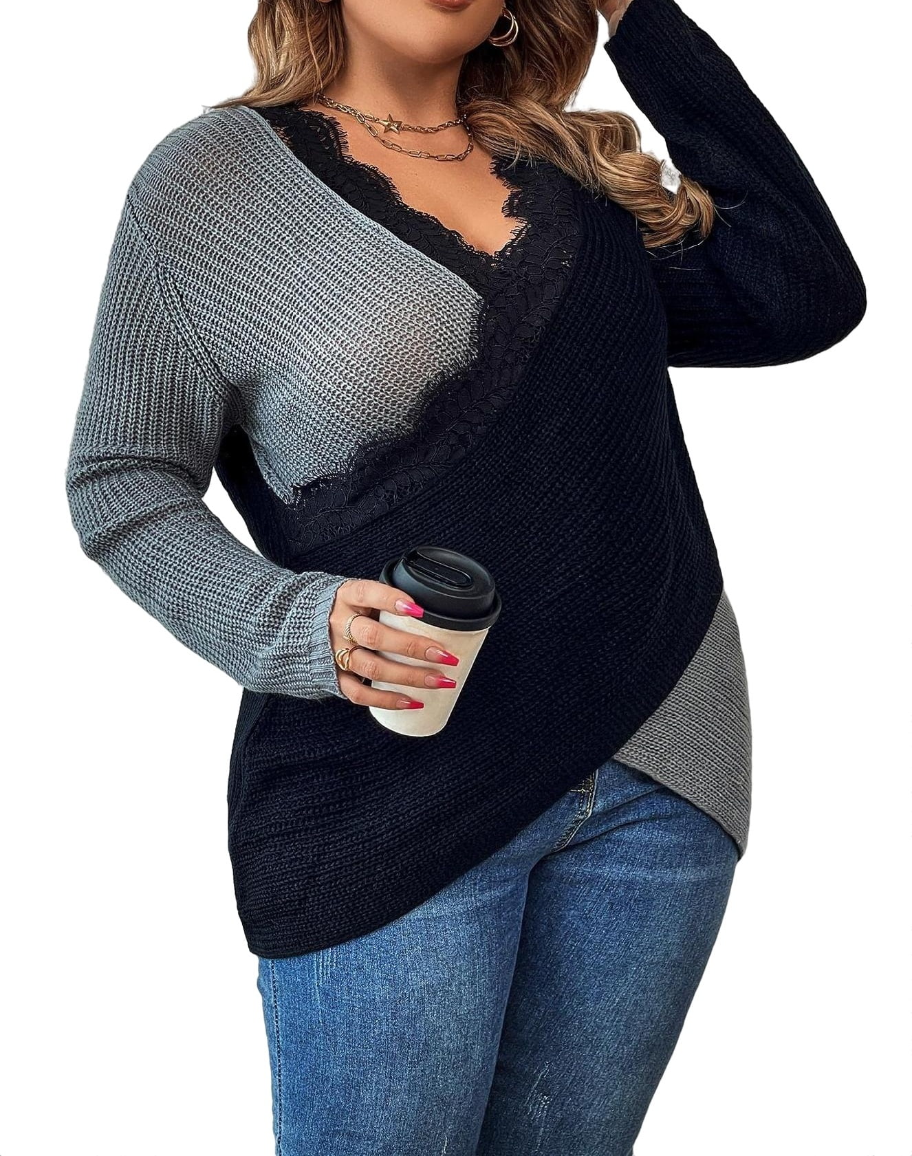Casual Colorblock V neck Pullovers Long Sleeve Grey Plus Size Sweaters ...