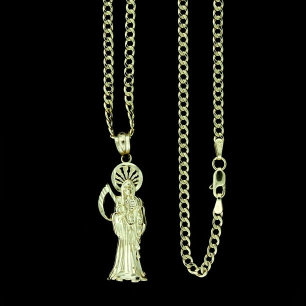 Mens 10K Yellow Gold Santa Muerte Grim Reaper Pendant & 2.5mm Cuban ...