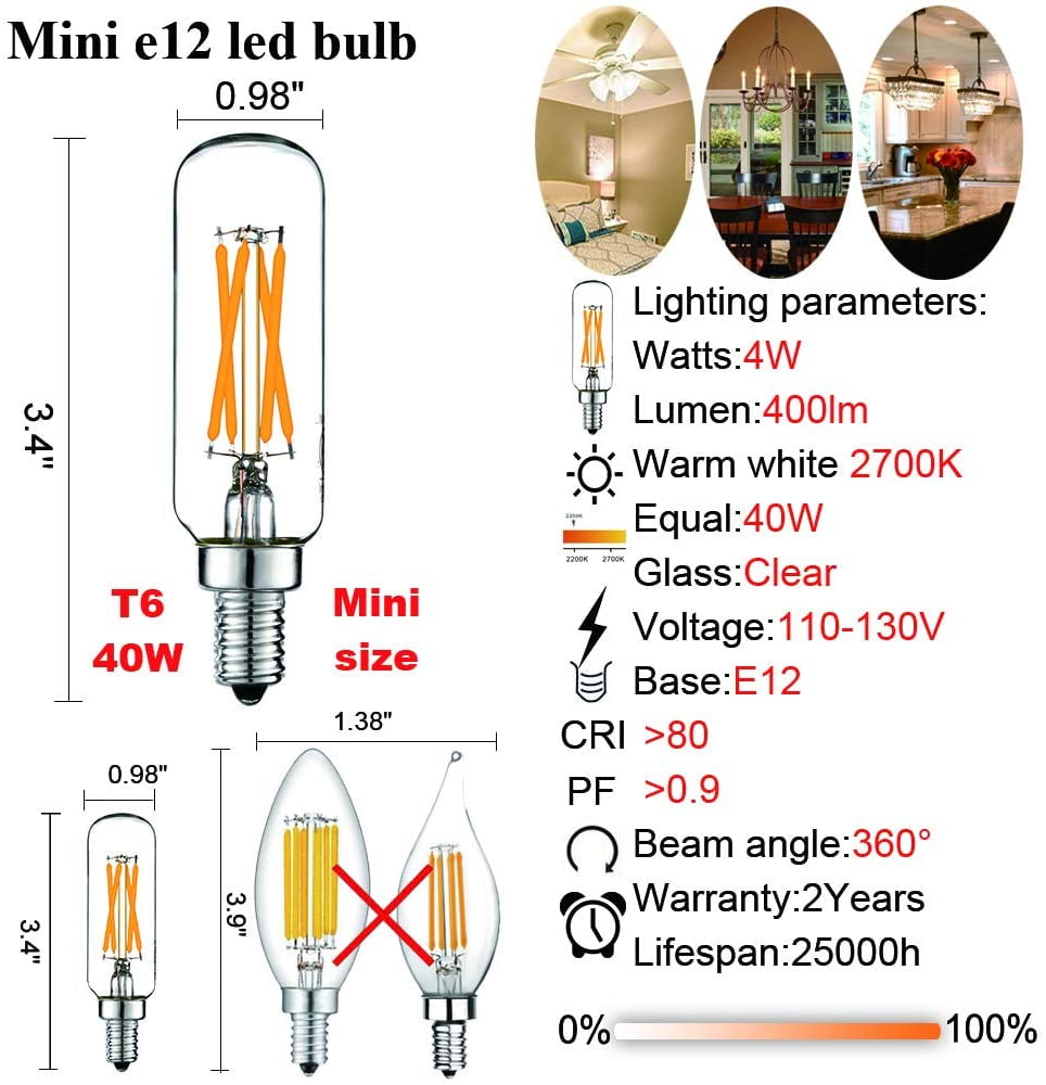 LiteHistory Dimmable LED T6 Bulb 40W Candelabra led 2700K Clear 400lm ...