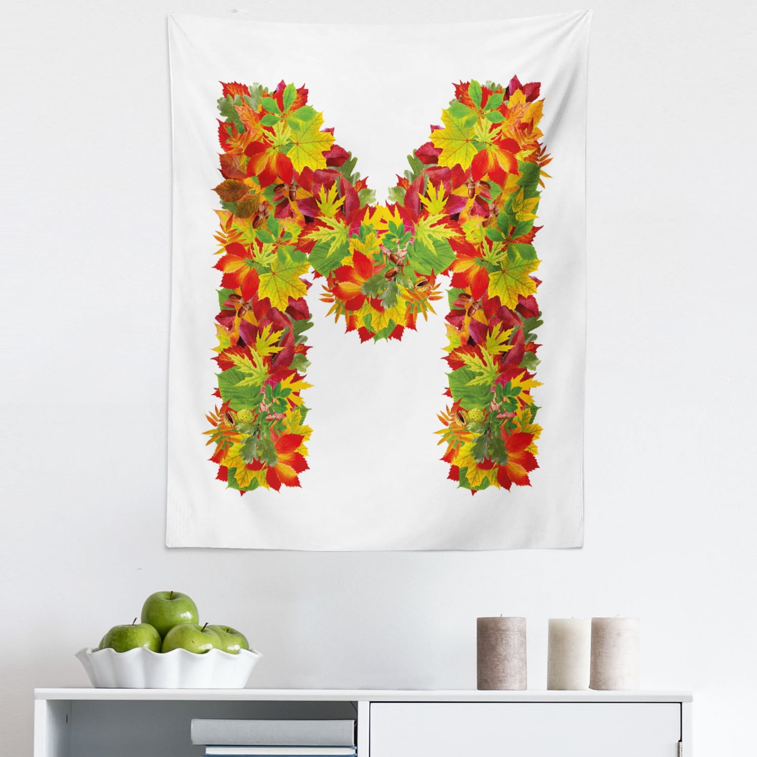 Letter M Tapestry, Fall Season Elements Uppercase M Colored Leaves ...