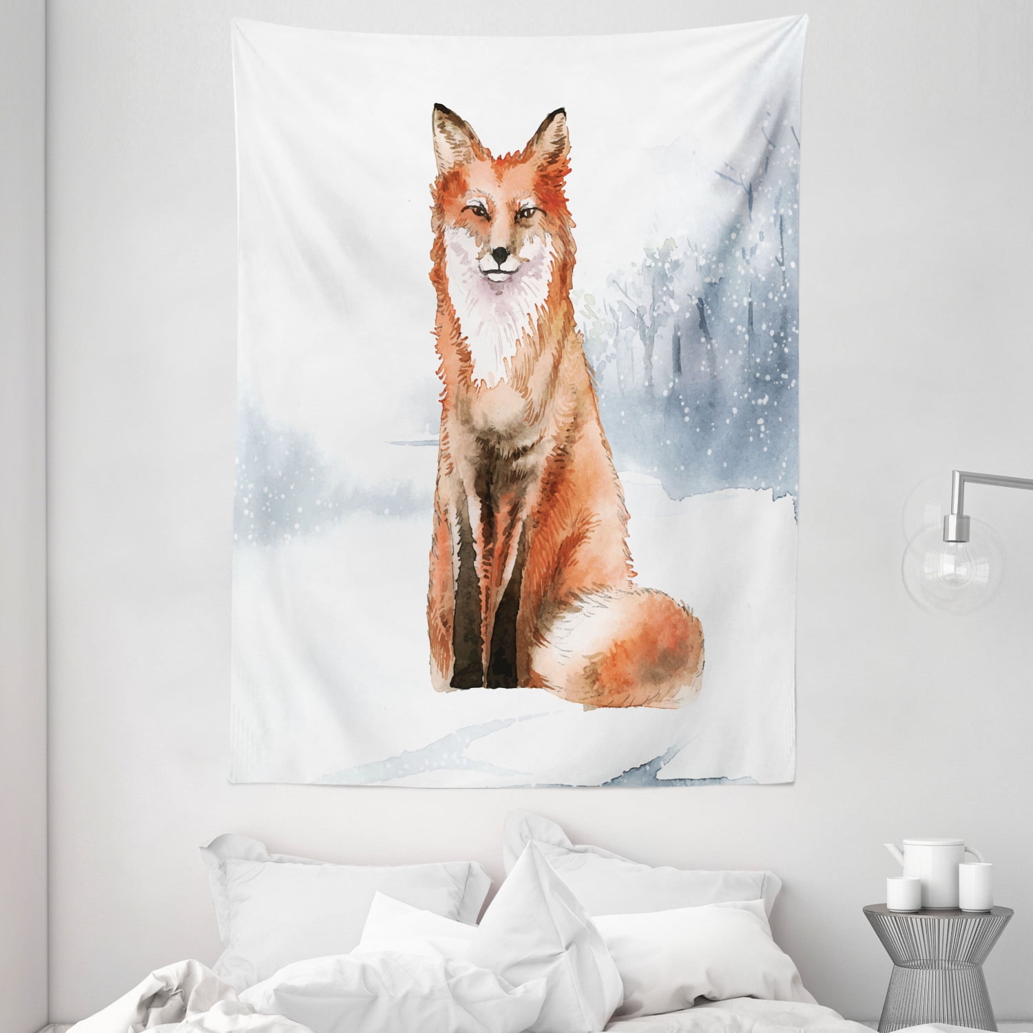 Fox Tapestry, Fine Art Winter Design Watercolor Drawing of Animal, Wall ...