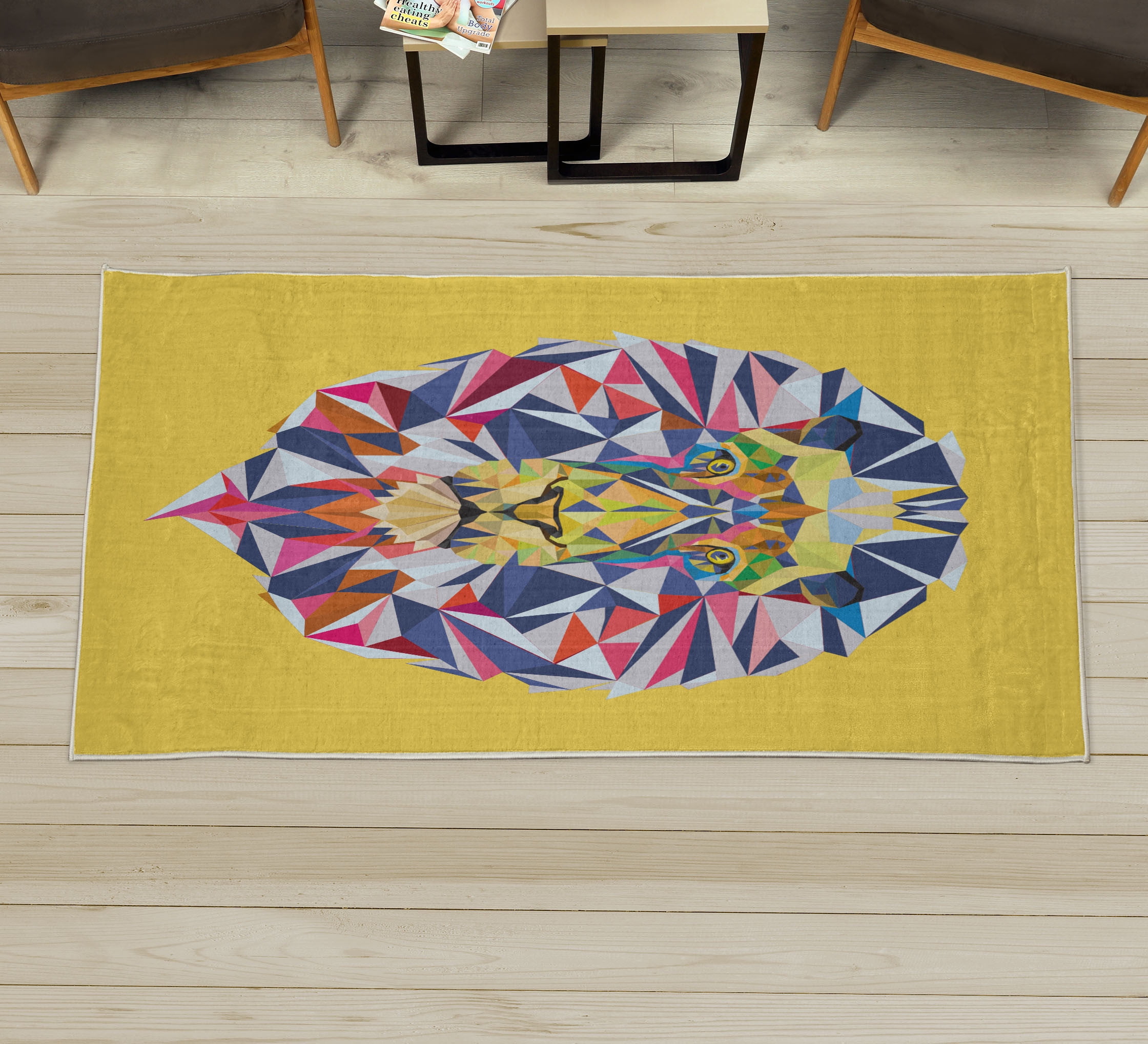 Zoo Decorative Rug, Colorful Animals Geometric Diamond Face Lions Mane ...