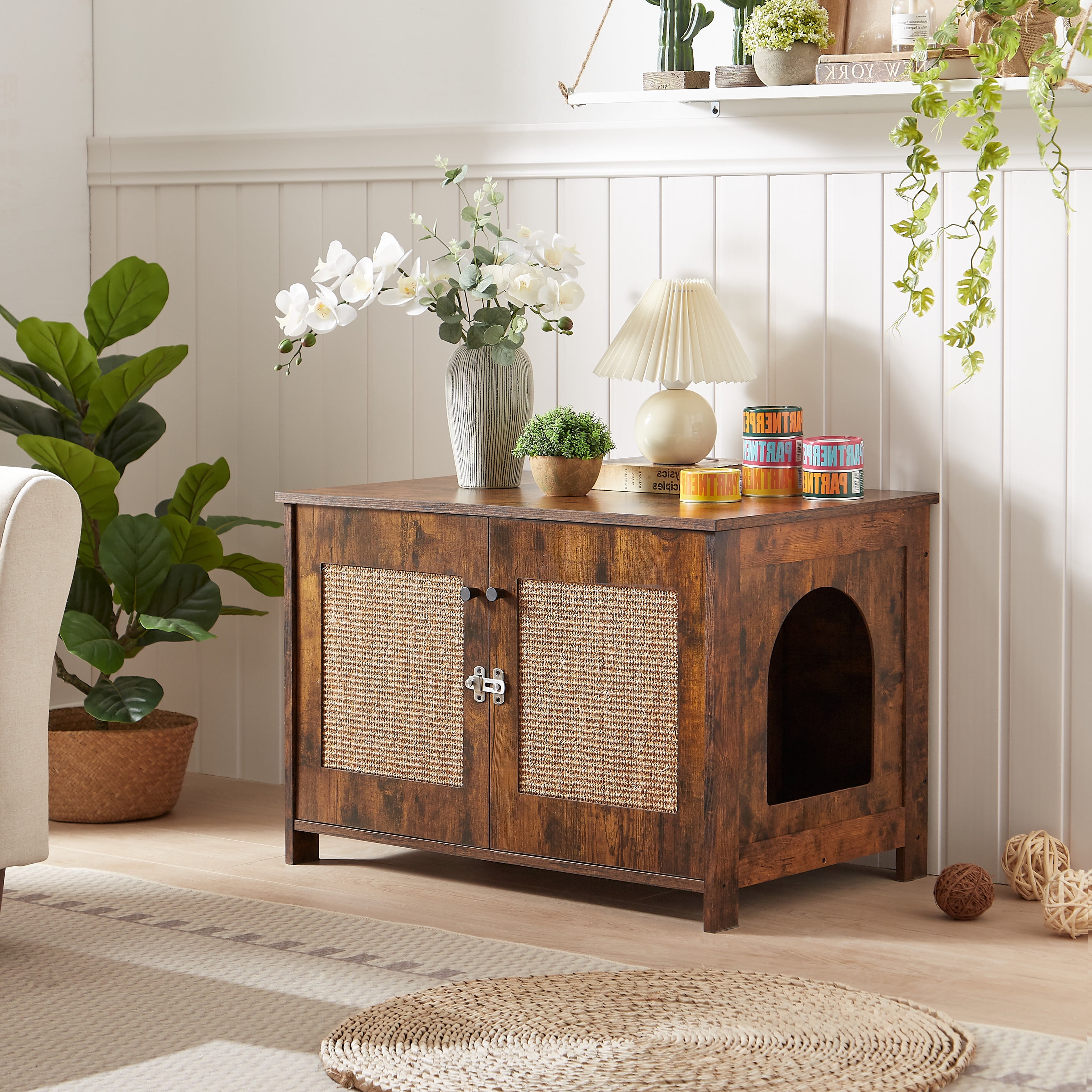 Sesslife Cat Litter Enclosure, Wooden Cat Washroom with Removable ...