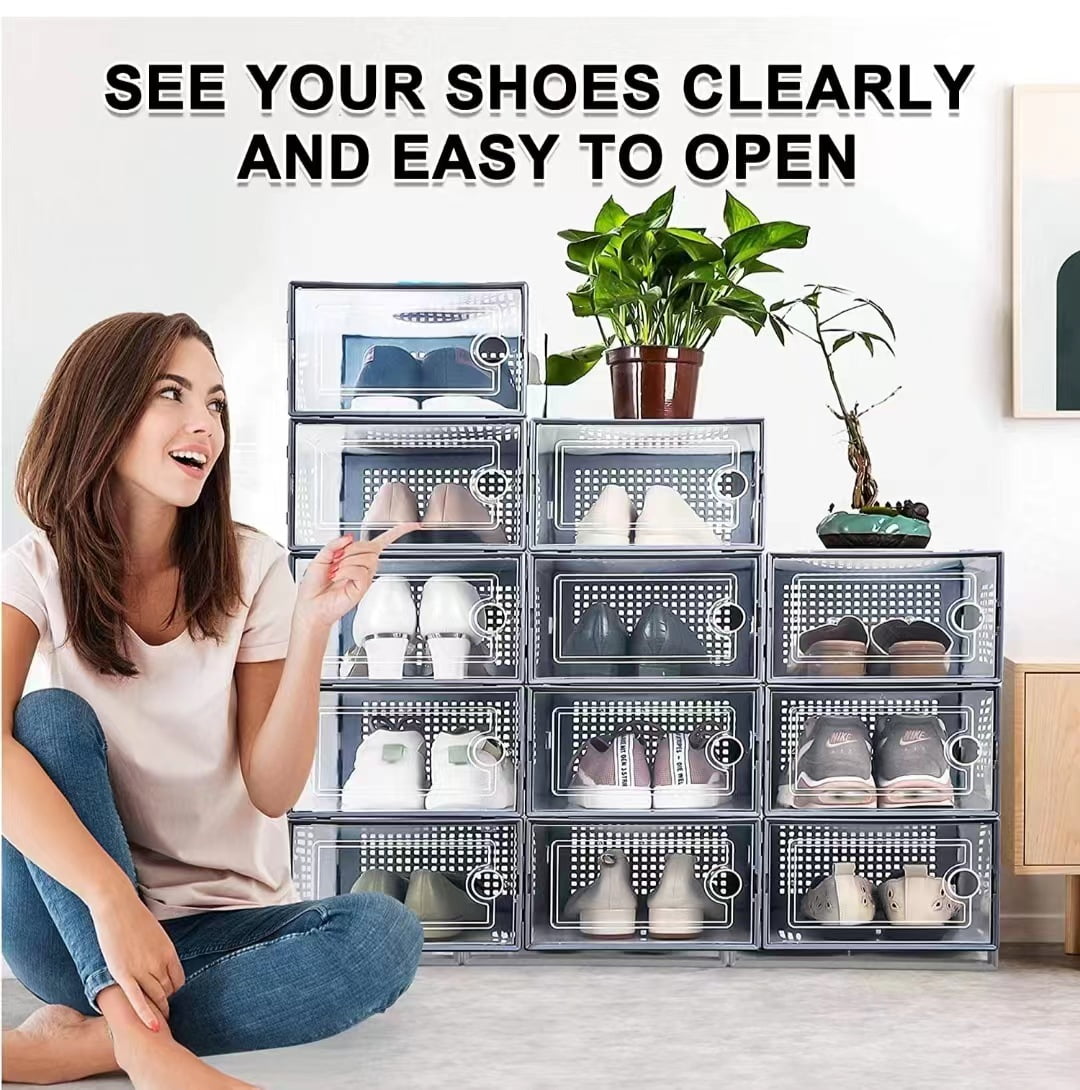 Shoe Boxes Organizer Storage 12 Pack，Clear Plastic Stackable Sneaker ...
