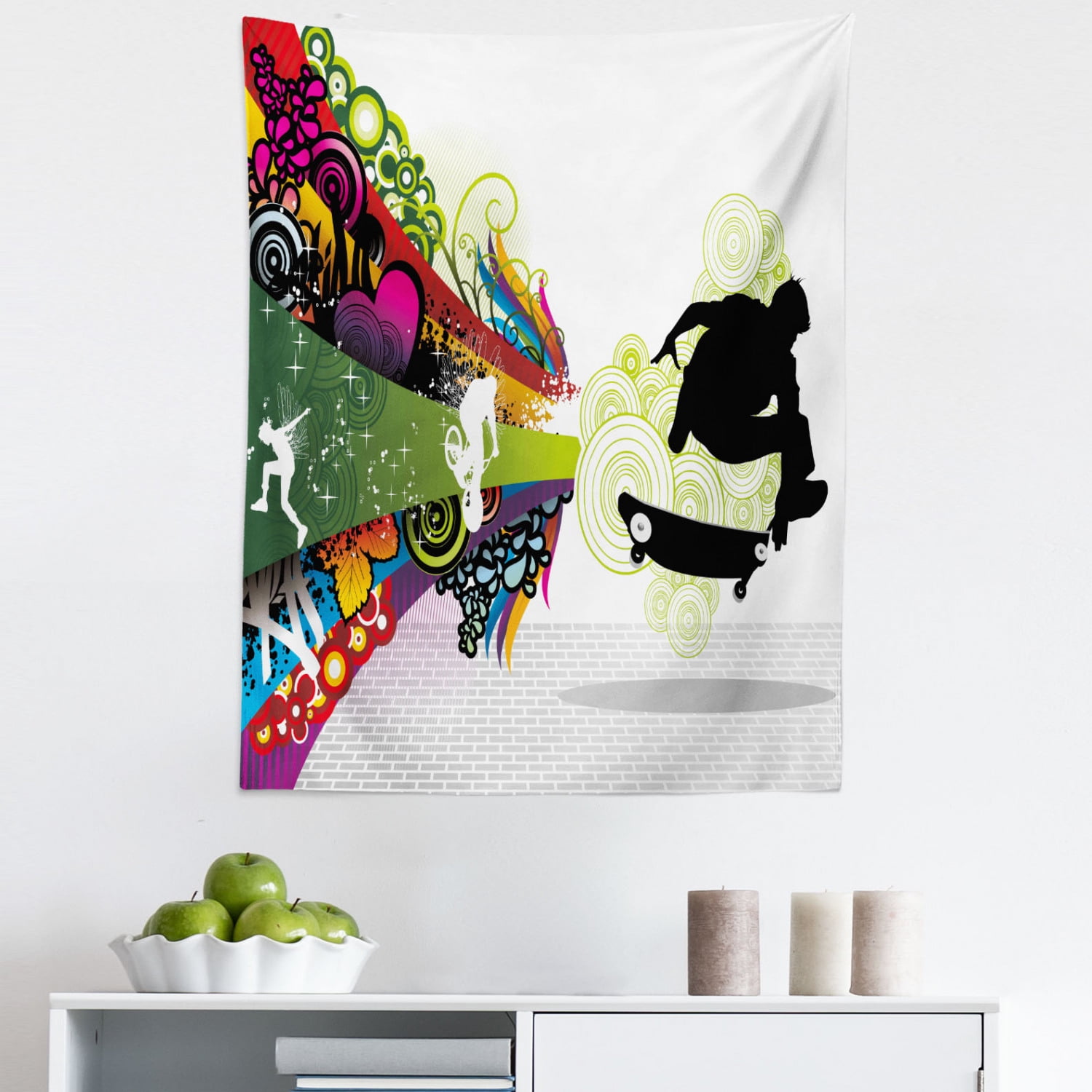 Teenager Tapestry, Vivid Young Theme Design with Scater Boy and Rainbow ...