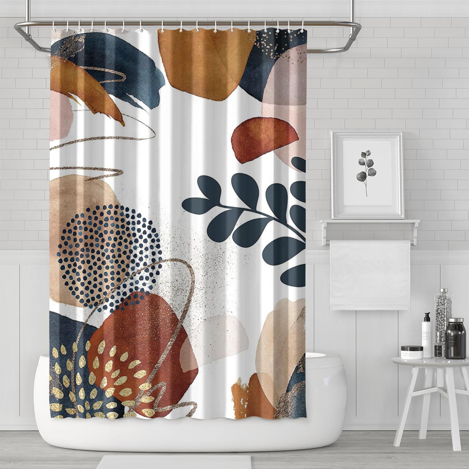 Abstract Mid Century Shower Curtain 72wx72h Inches Navy Blue Gold