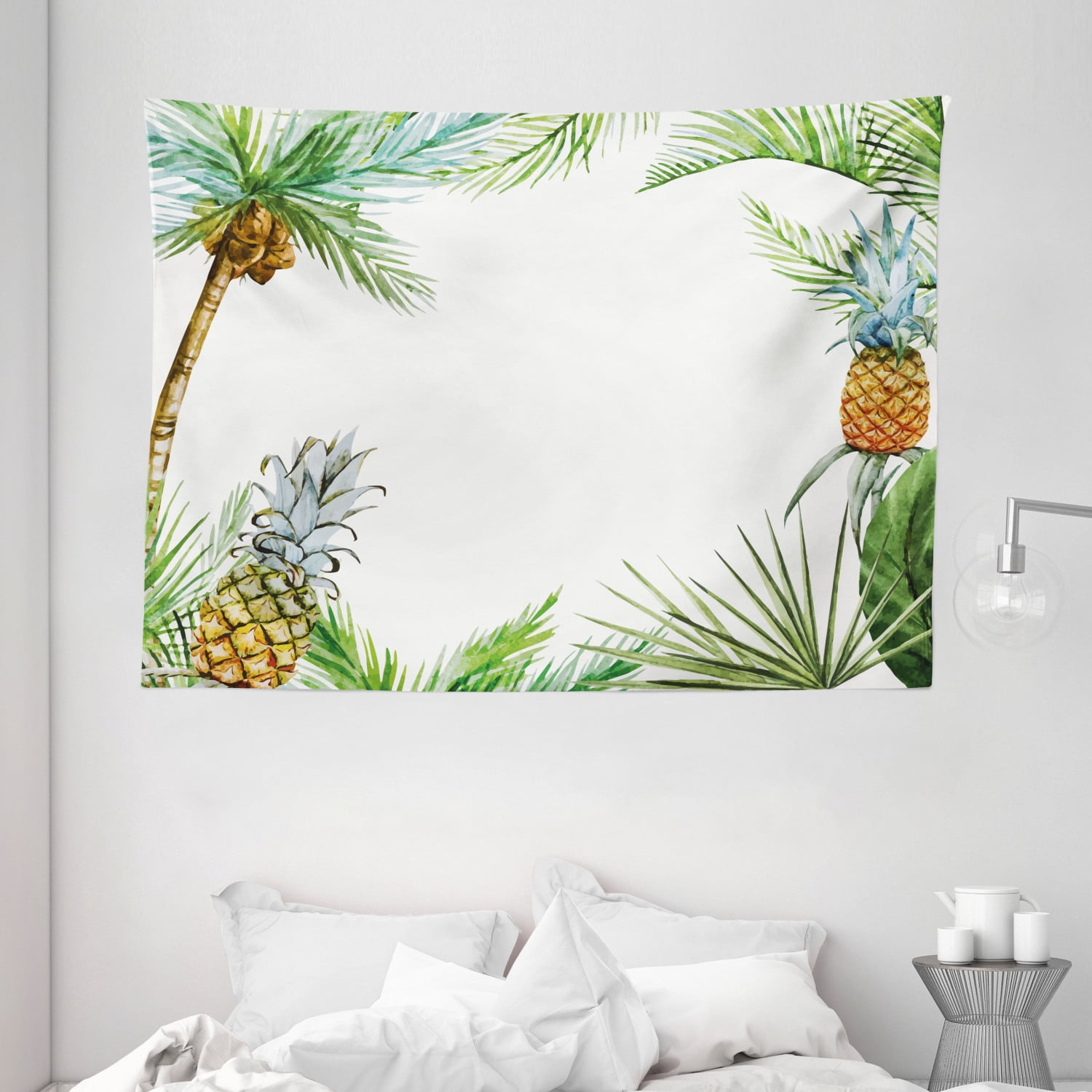 Pineapple Decor Tapestry, Watercolor Tropical Island Border Print with ...