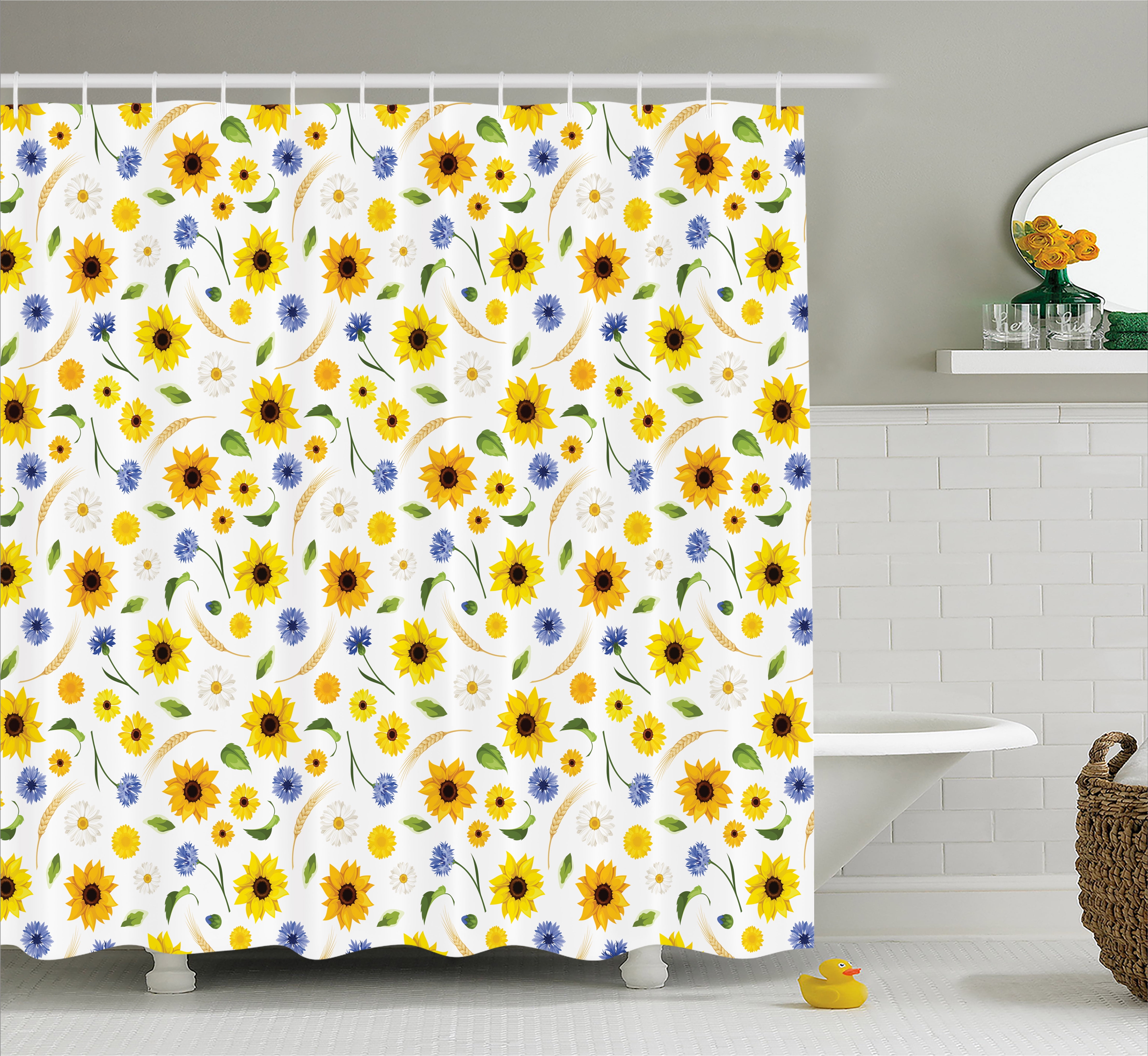 Yellow And White Shower Curtain Botanical Arrangement Of Summer