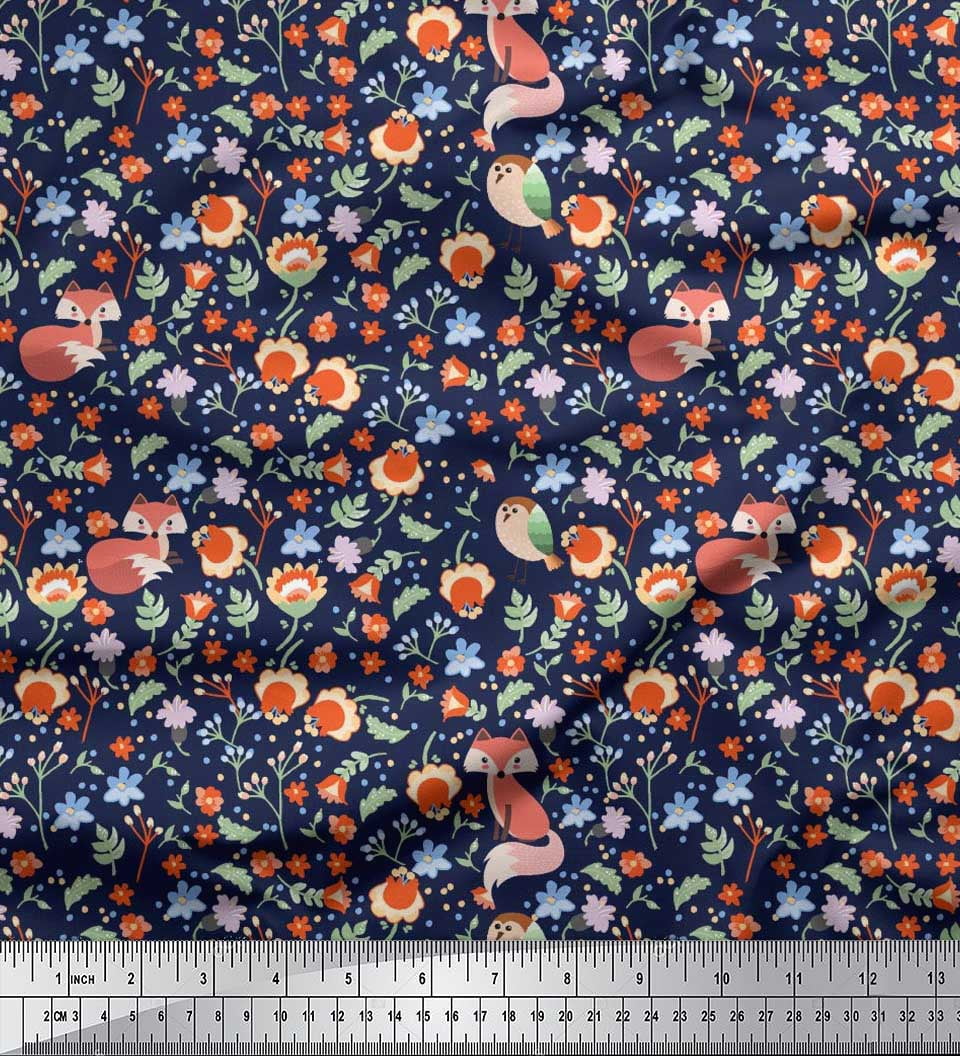Soimoi Satin Silk Fabric Floral,Bird & Fox Cartoon Print Fabric by The ...