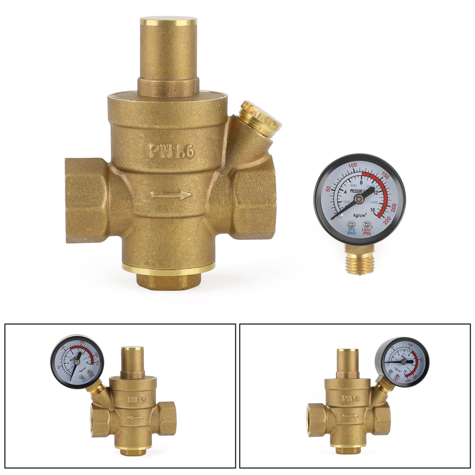 DN15 Brass Adjustable 1/2" Water Pressure Regulator Reducer With Gauge ...