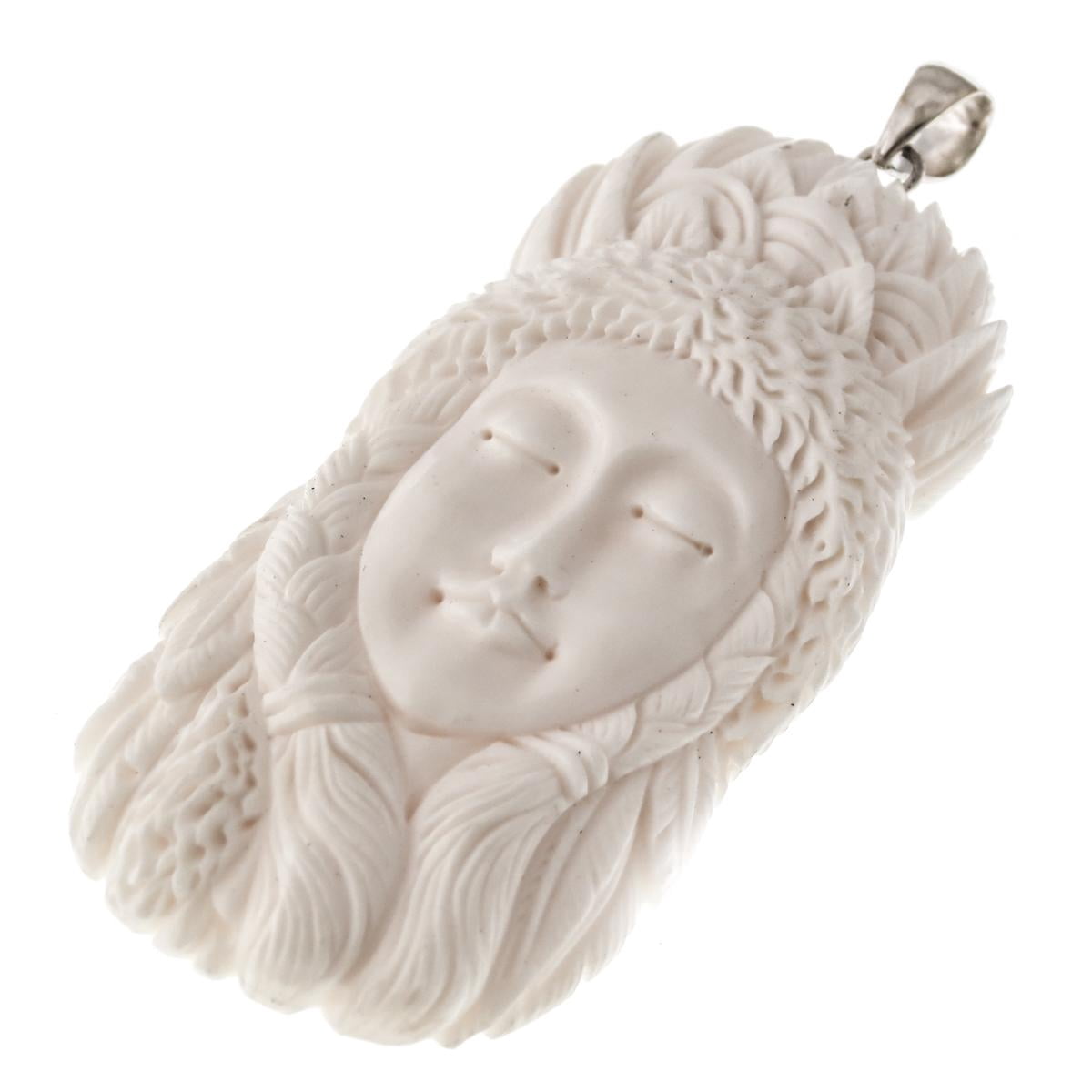 Ethnic Inuit Woman Hand Carving Buffalo Bone 925 Sterling Silver ...