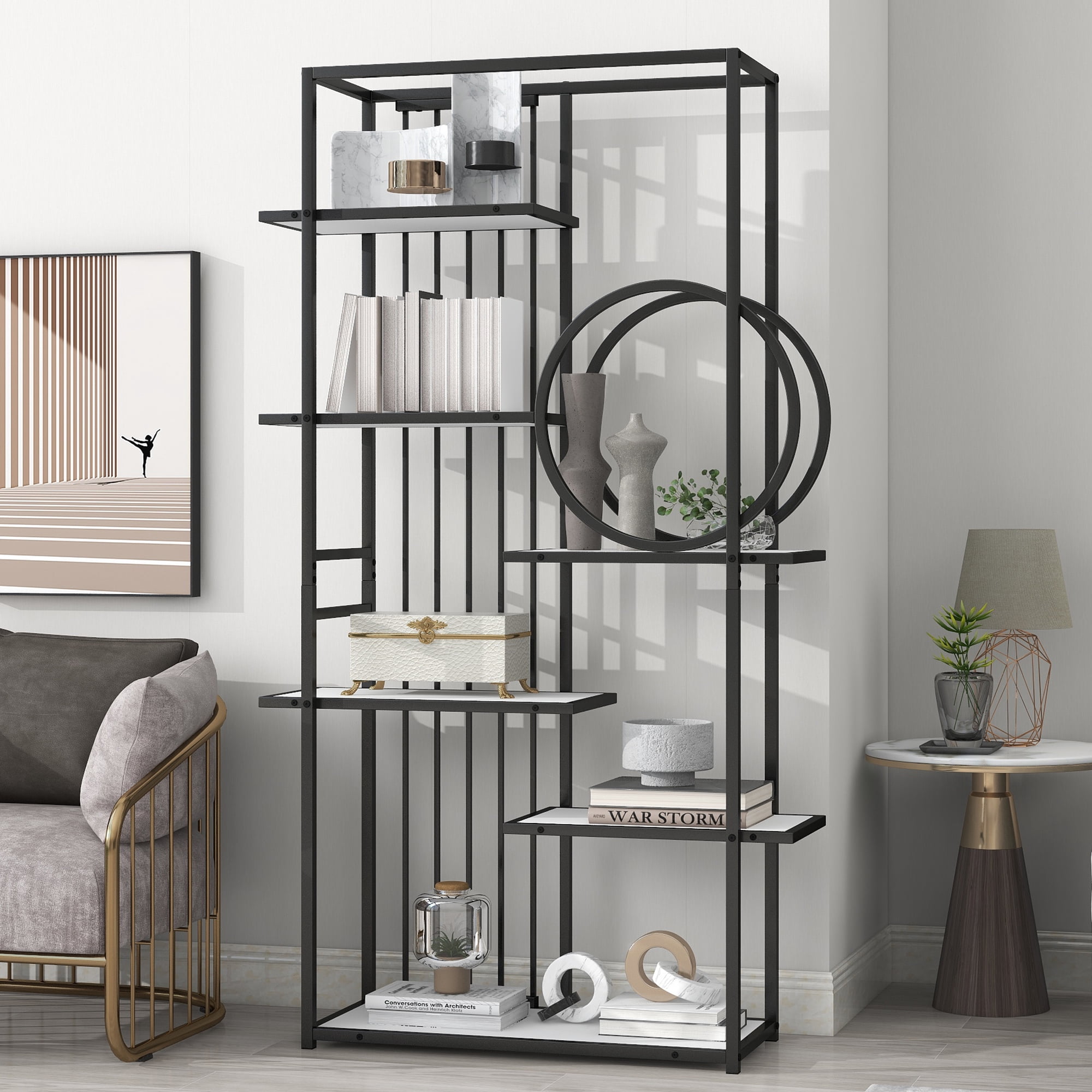 Paproos White Bookshelf, 6-Tier Tall Bookcase Large Display Shelf Unit ...