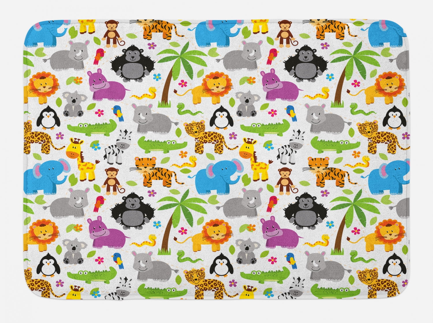 Nursery Bath Mat, Various Types of Animals Drawn Cute Manner Lions ...