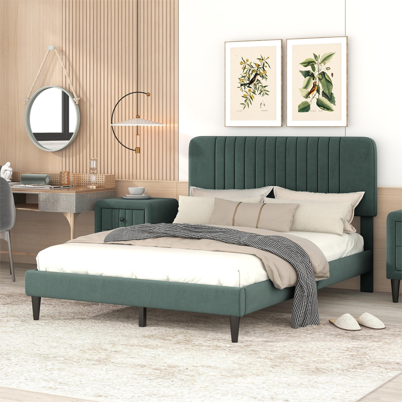 Full Size Velvet Upholstered Platform Bed, Modern Wood Bed Frame with ...