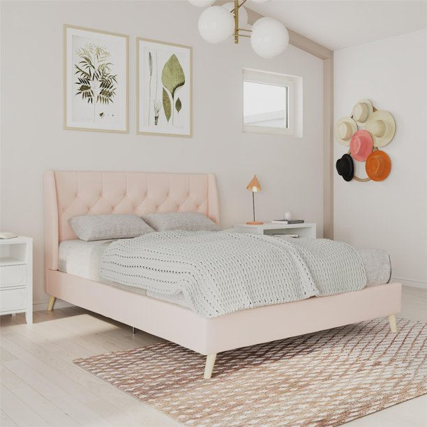 Novogratz Her Majesty Tufted Upholstered Bed Frame, Queen, Pink Linen ...