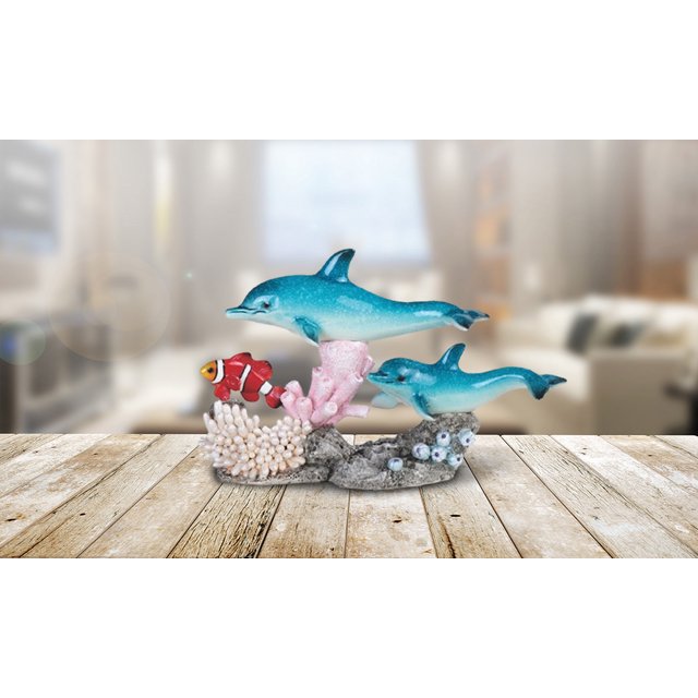 ICE ARMOR 8.75"W Dolphins with Clownfish Statue Marine Life Decoration ...