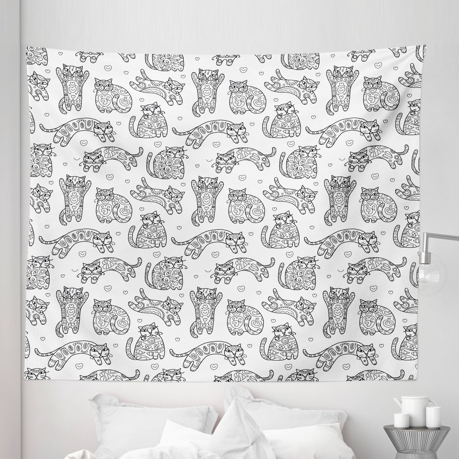 Cats Tapestry, Ornamental Kittens with Floral Pattern Animal Love ...