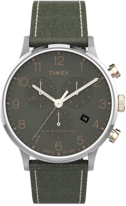 Timex Waterbury Classic Chrono 40mm SST Case Green Dial Green Leather ...
