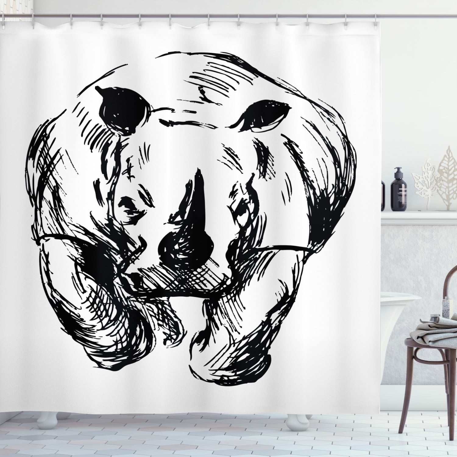 Rhino Shower Curtain, Hand Drawn Running Animal Savannah Wildlife ...