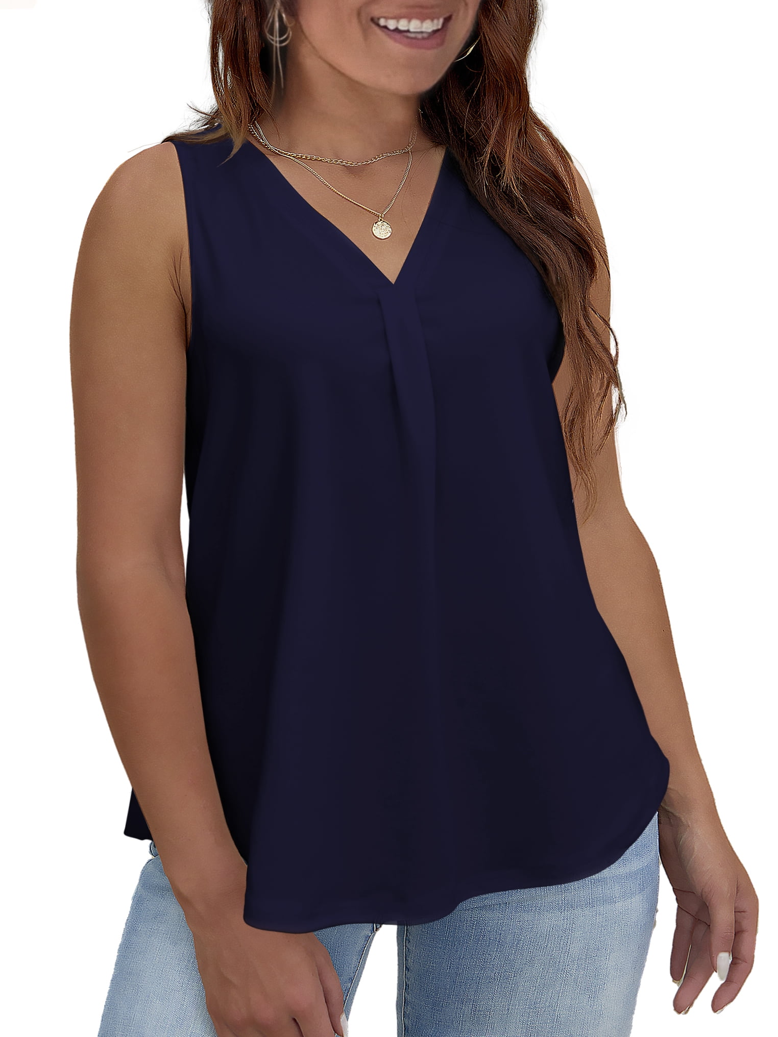 OmicGot Plus Size Sleeveless Tops V Neck Blouses Tunics for Women, Navy ...