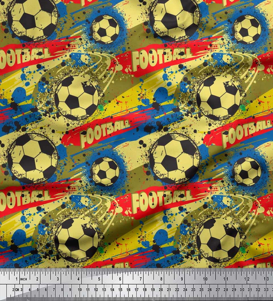 Soimoi Yellow Satin Silk Fabric Brush Stroke & Football Sports Print ...