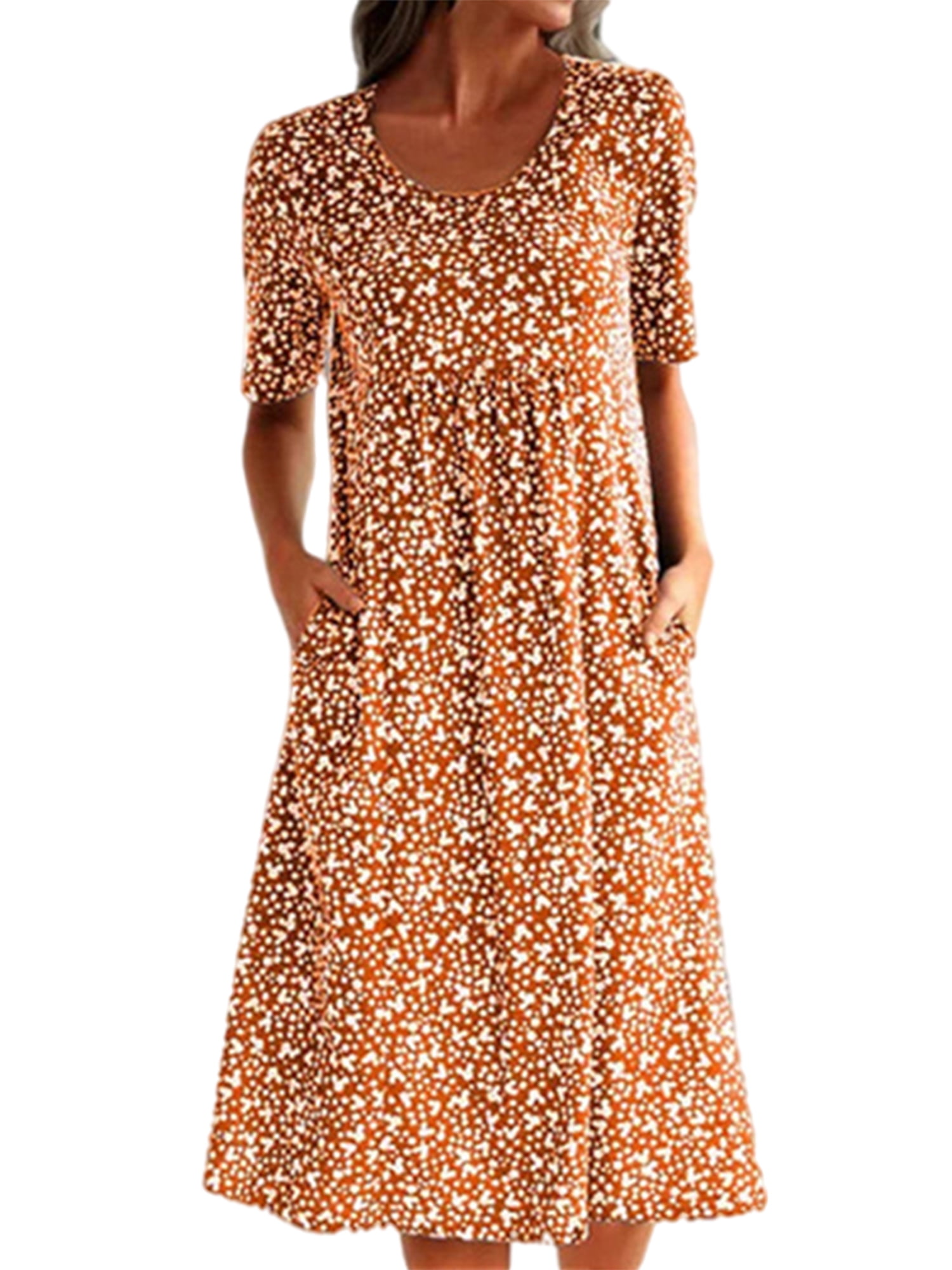 Womens Short Sleeve Dress Casual Crew Neck Sundress Ladies Vintage ...