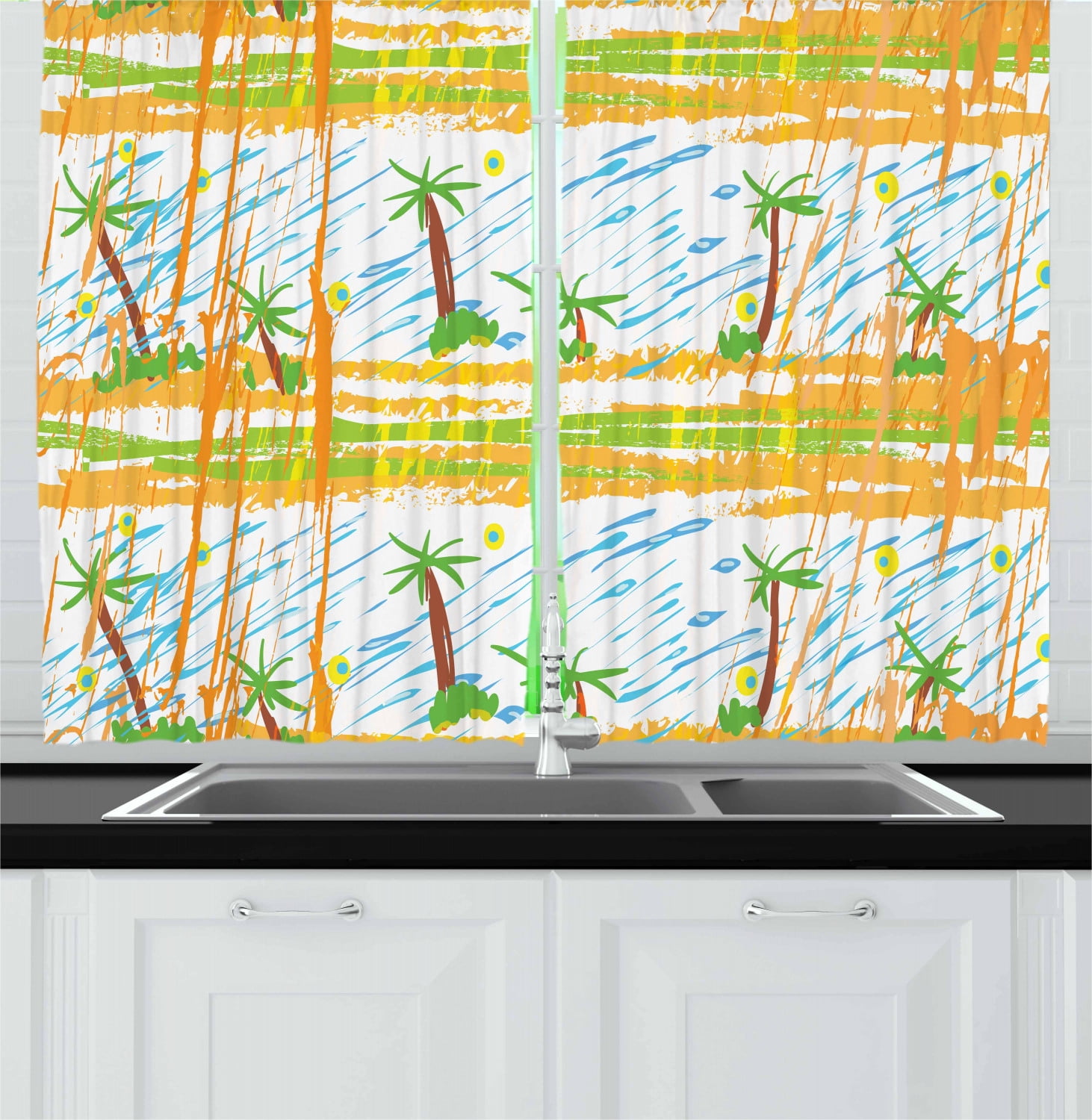 Palm Tree Curtains 2 Panels Set, Stained Grungy Childish Drawing Style ...