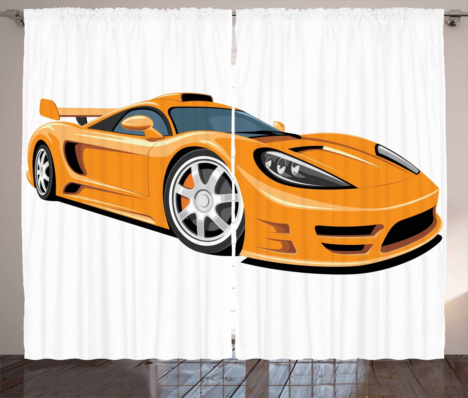Cars Curtains 2 Panels Set, Orange Sports Car Fast Racing Roadster ...