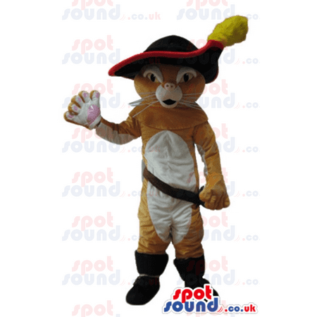 Beige cat with a white belly wearing a large black hat with a yellow ...