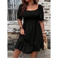 Black Square Neck Puff Sleeve Ruffle Hem A-Line Dress For Women, Summer ...