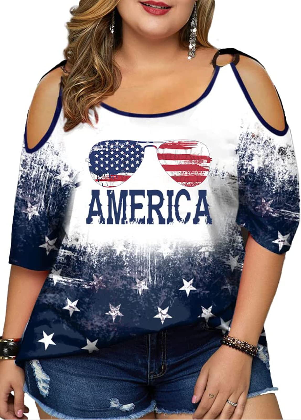 MOUSYA Plus Size American Flag Shirt Women 4th of July Shirts Patriotic ...