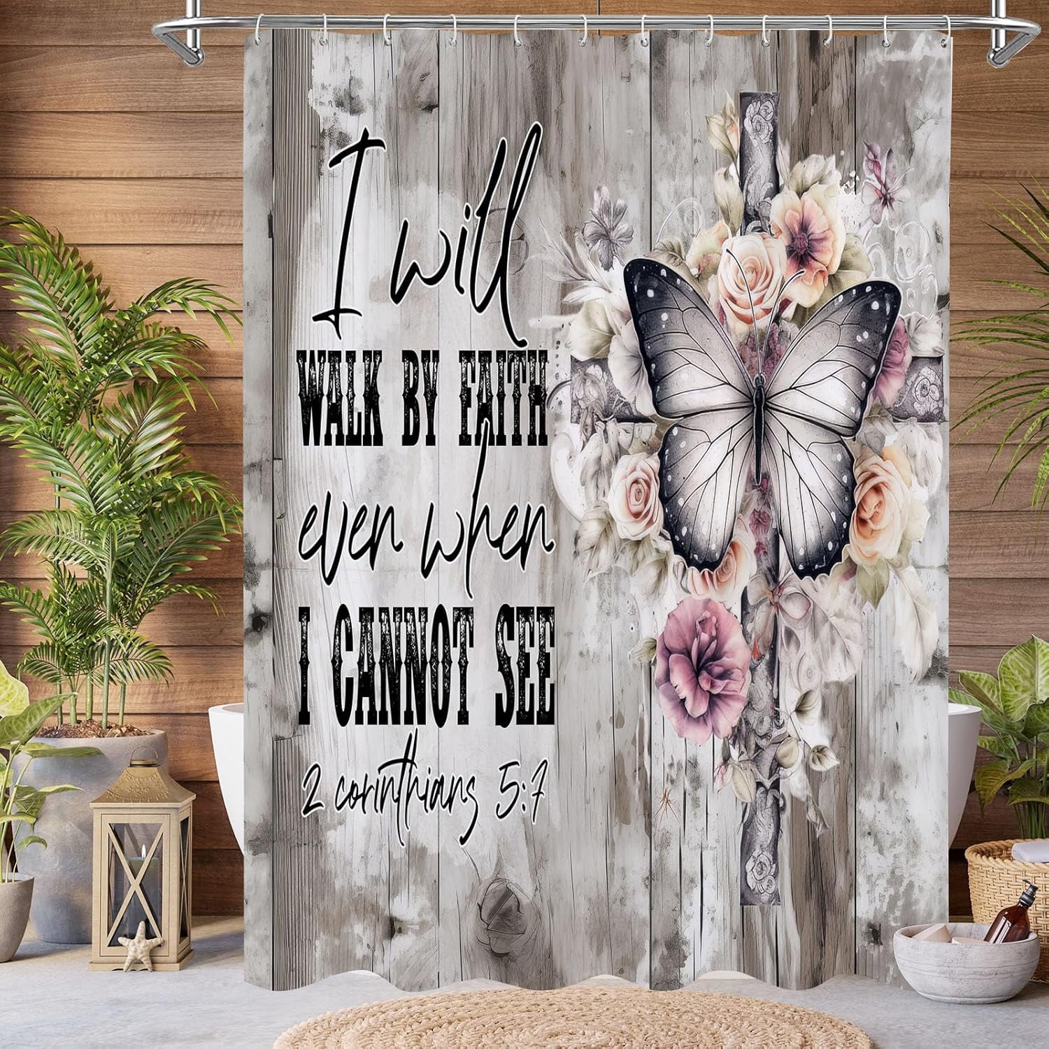 Brown Floral Bible Verse Quotes Wood Shower Curtain, Tan Rustic Flowers ...
