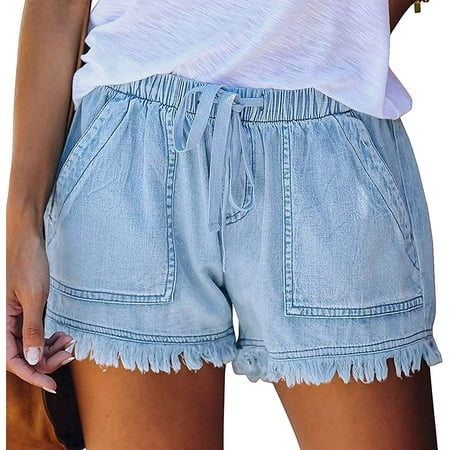Summer Elastic Waist Short Jeans for Women Comfy Summer Casual Washed Jean Shorts Frayed Hem ...